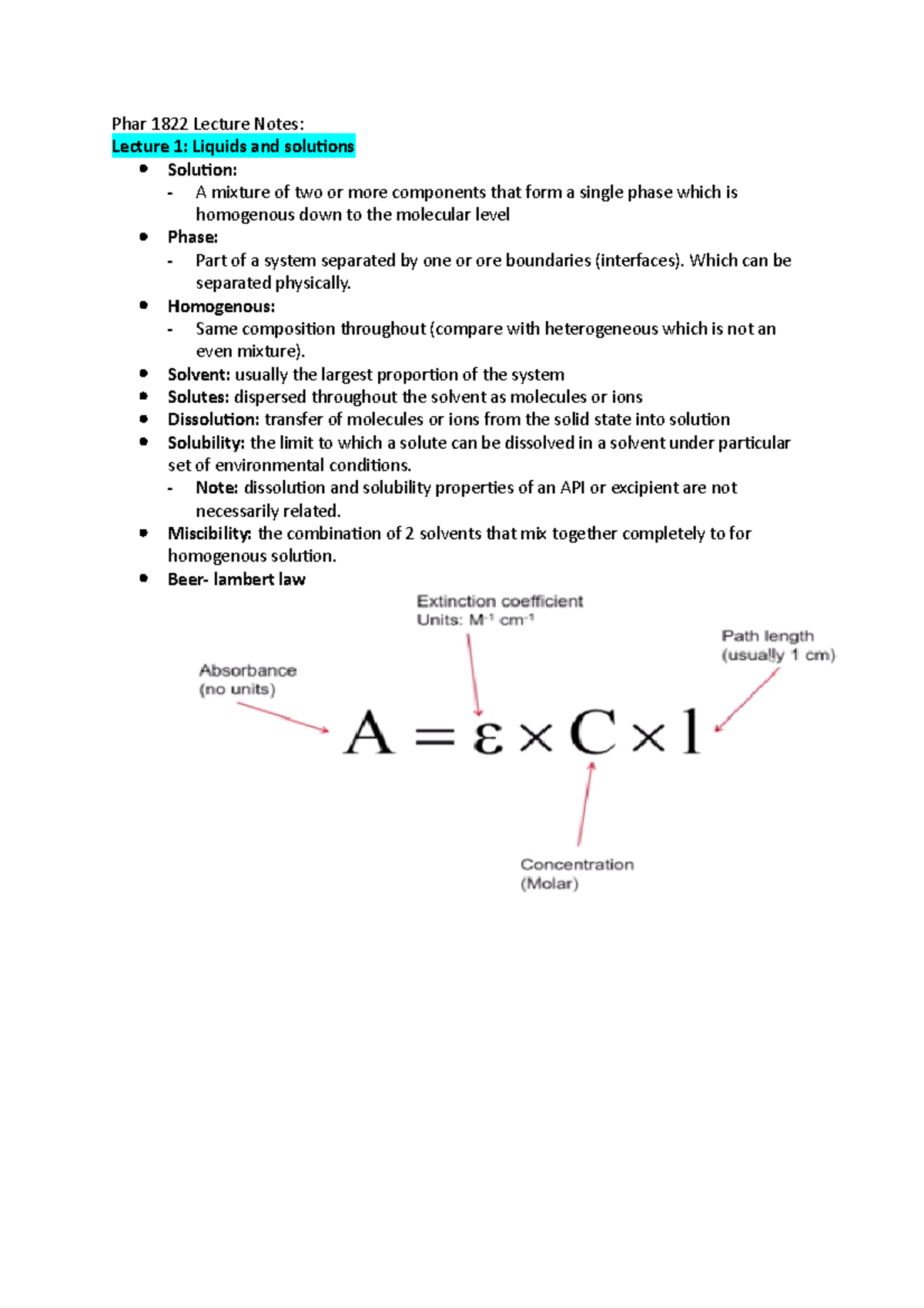 Phar 1822 Lecture Notes Phar 1822 Lecture Notes Lecture 1 Liquids And Solutions Solution