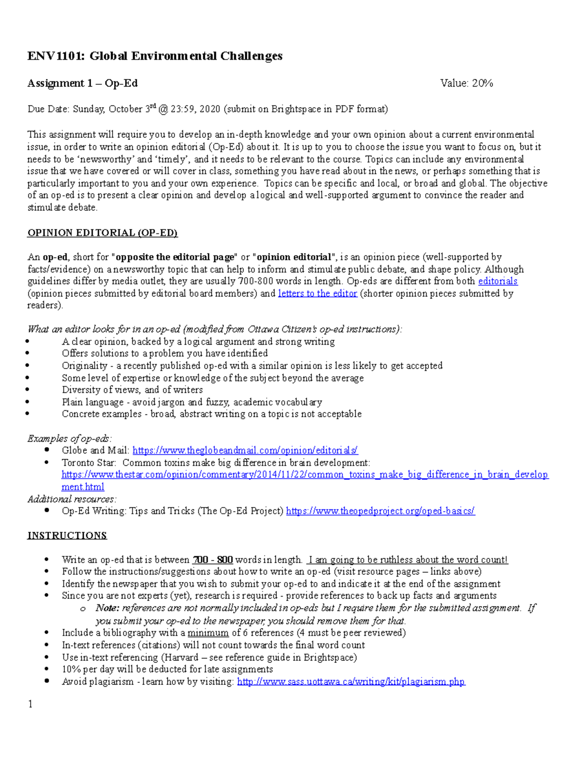 Assignment 1 - Op Ed - Fall 2021 - ENV1101: Global Environmental ...