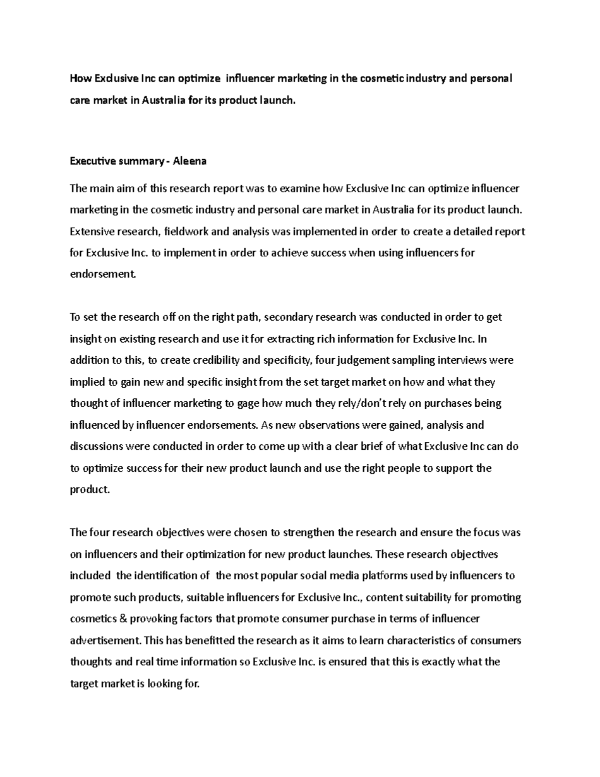 Final Market Research Assignment 2 HD recieved - How Exclusive Inc can ...