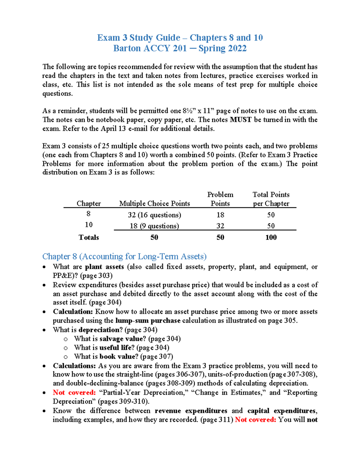 Exam 3 Study Guide - Exam 3 Study Guide – Chapters 8 and 10 Barton ACCY ...