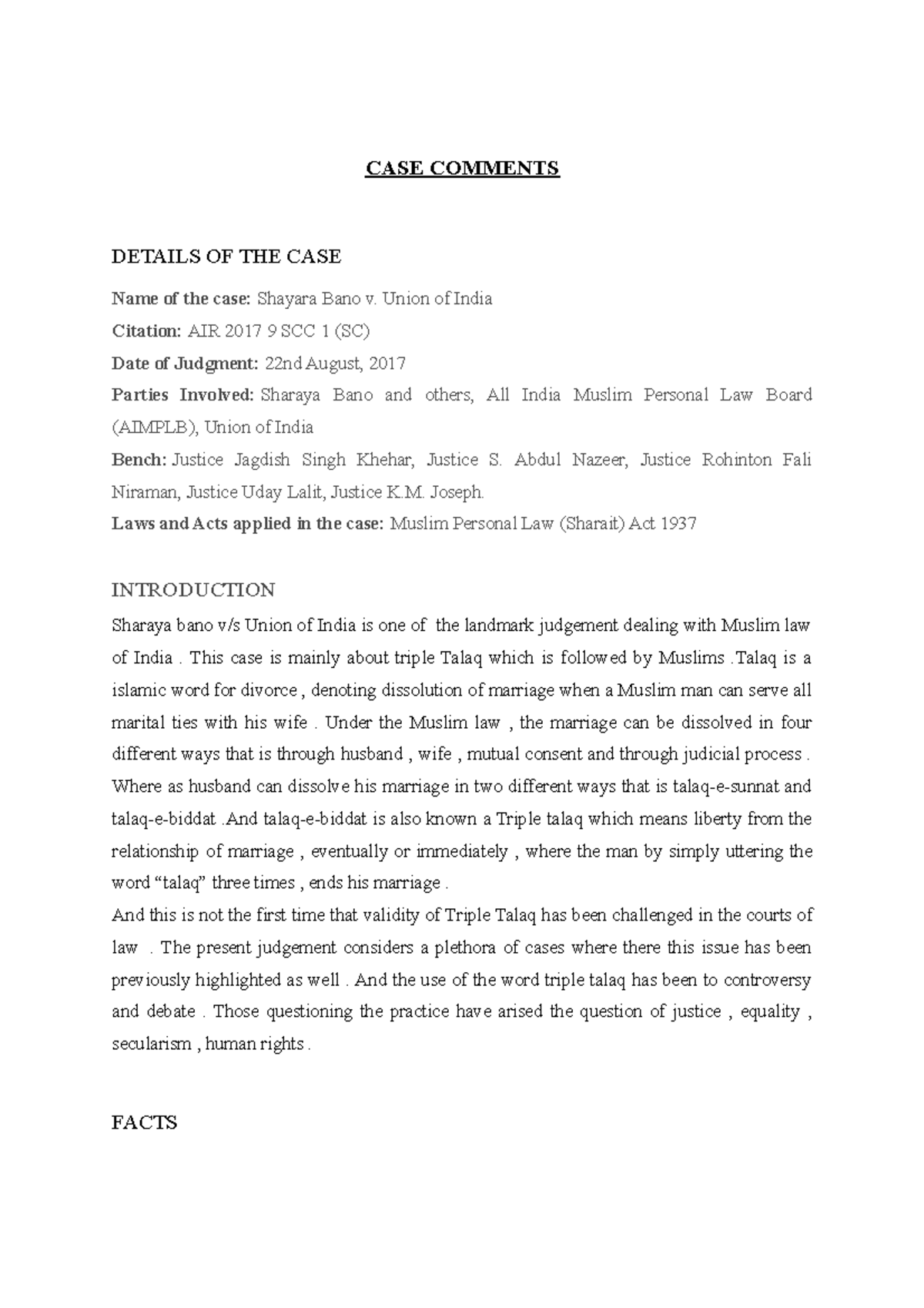 CASE Comment - CASE COMMENTS DETAILS OF THE CASE Name of the case ...