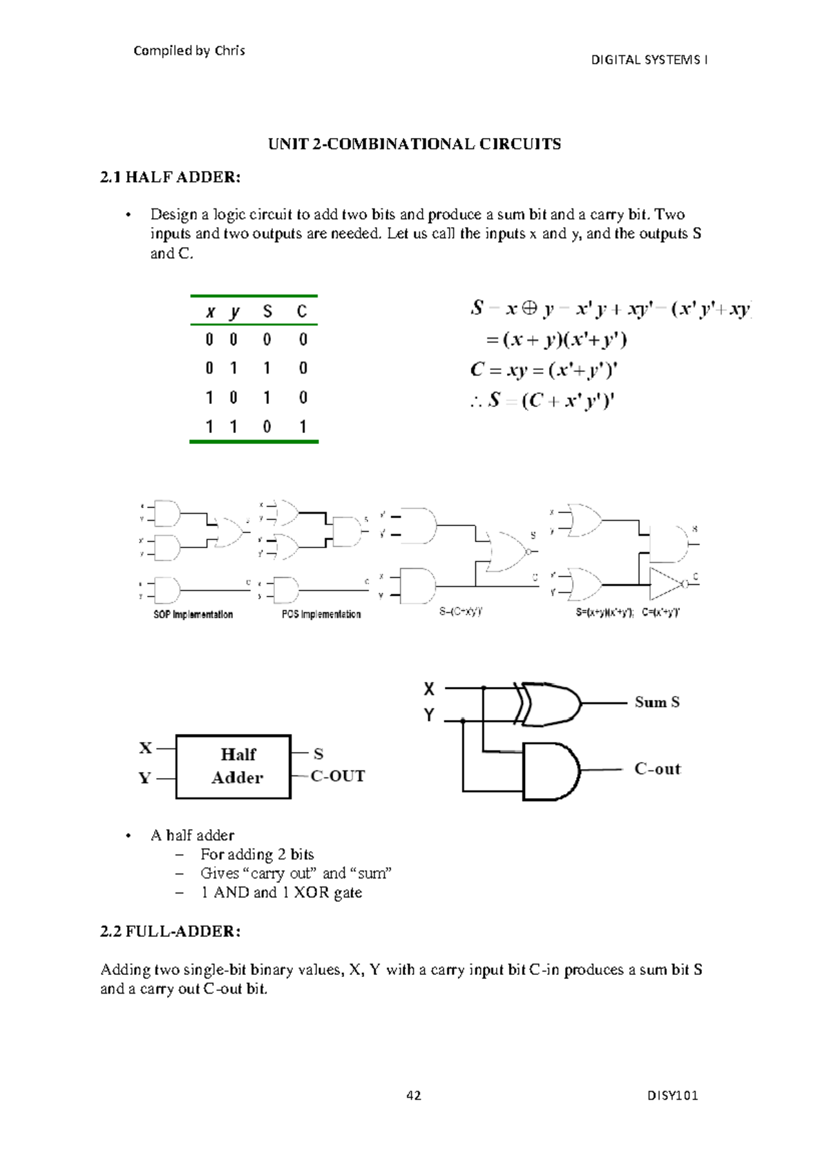 2 - Combination Circuits - UNIT 2-COMBINATIONAL CIRCUITS 2 HALF ADDER ...