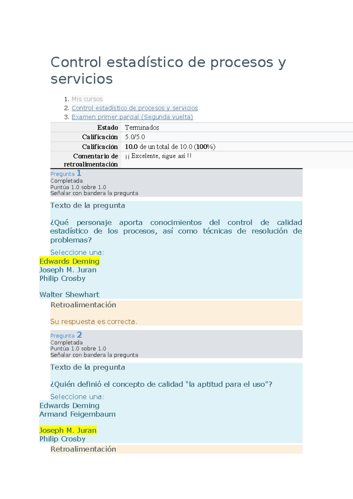 Control estadístico de procesos y servicios examen 1 segunda vuelta - Control estadístico de ...