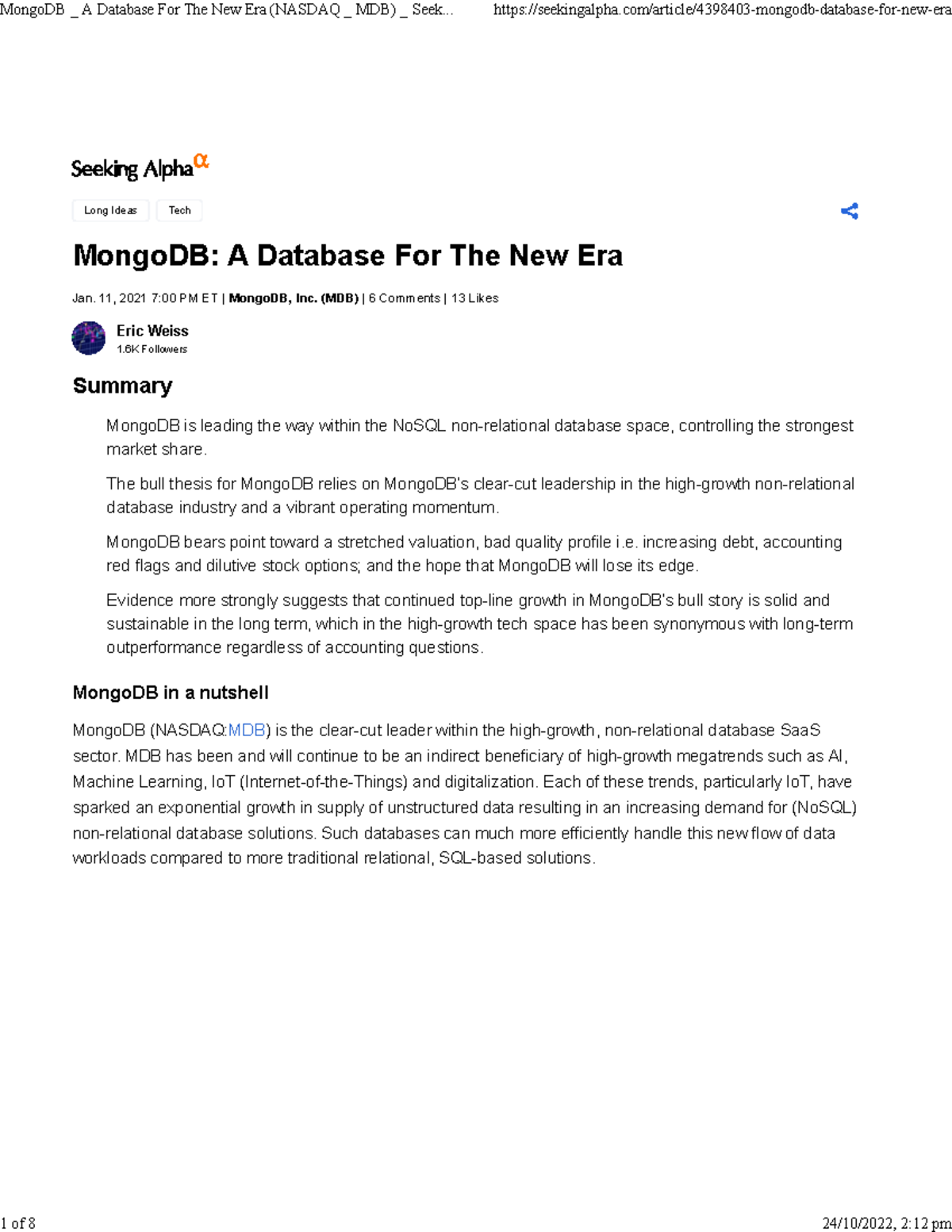 Mongo DB A Database For The New Era ( Nasdaq MDB) Seeking Alpha ...