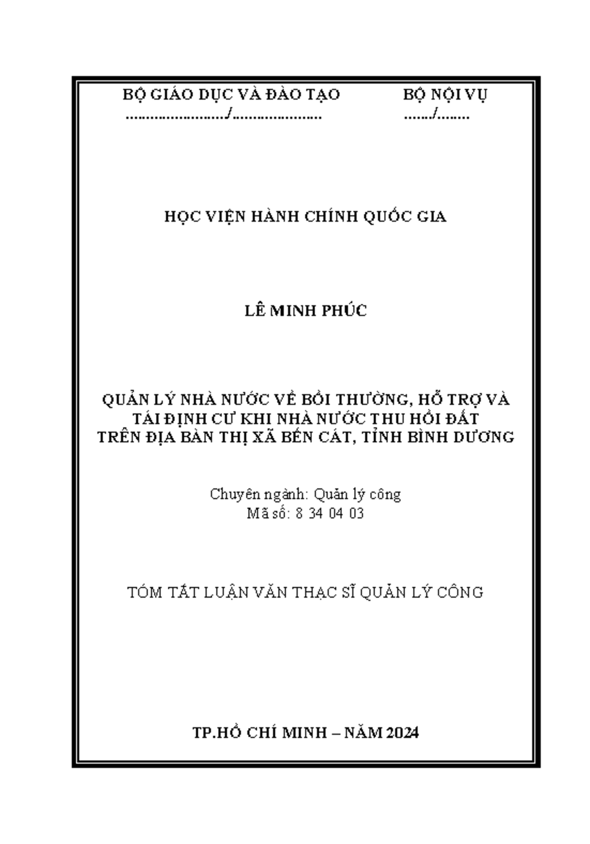 Lv qlc 2024 le minh phuc tom tat phuc le 3116 - BỘ GIÁO DỤC VÀ ĐÀO TẠO BỘ NỘI VỤ - Studocu