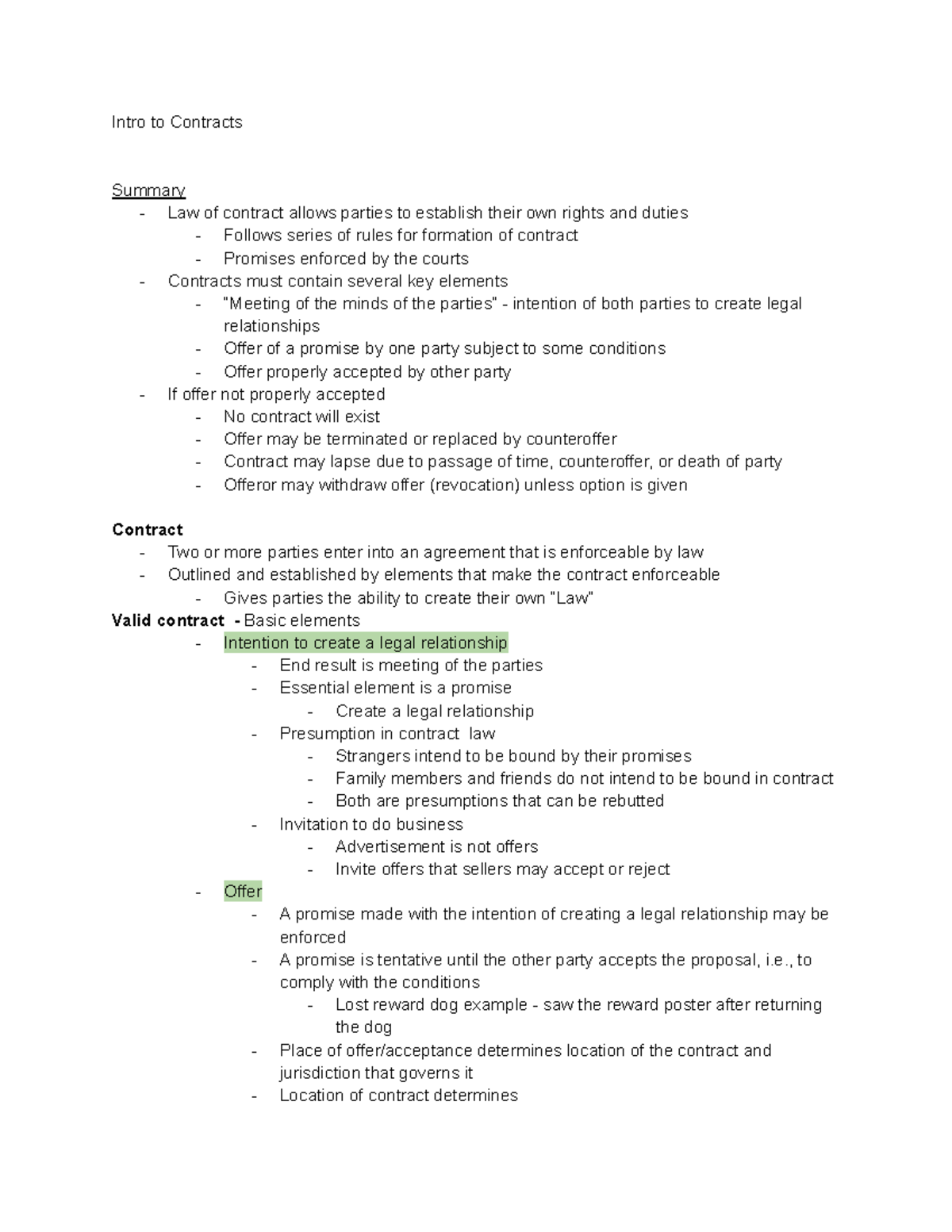 2610 Chapter 7 Intro To Contracts Intro To Contracts Summary Law Of Contract Allows Parties