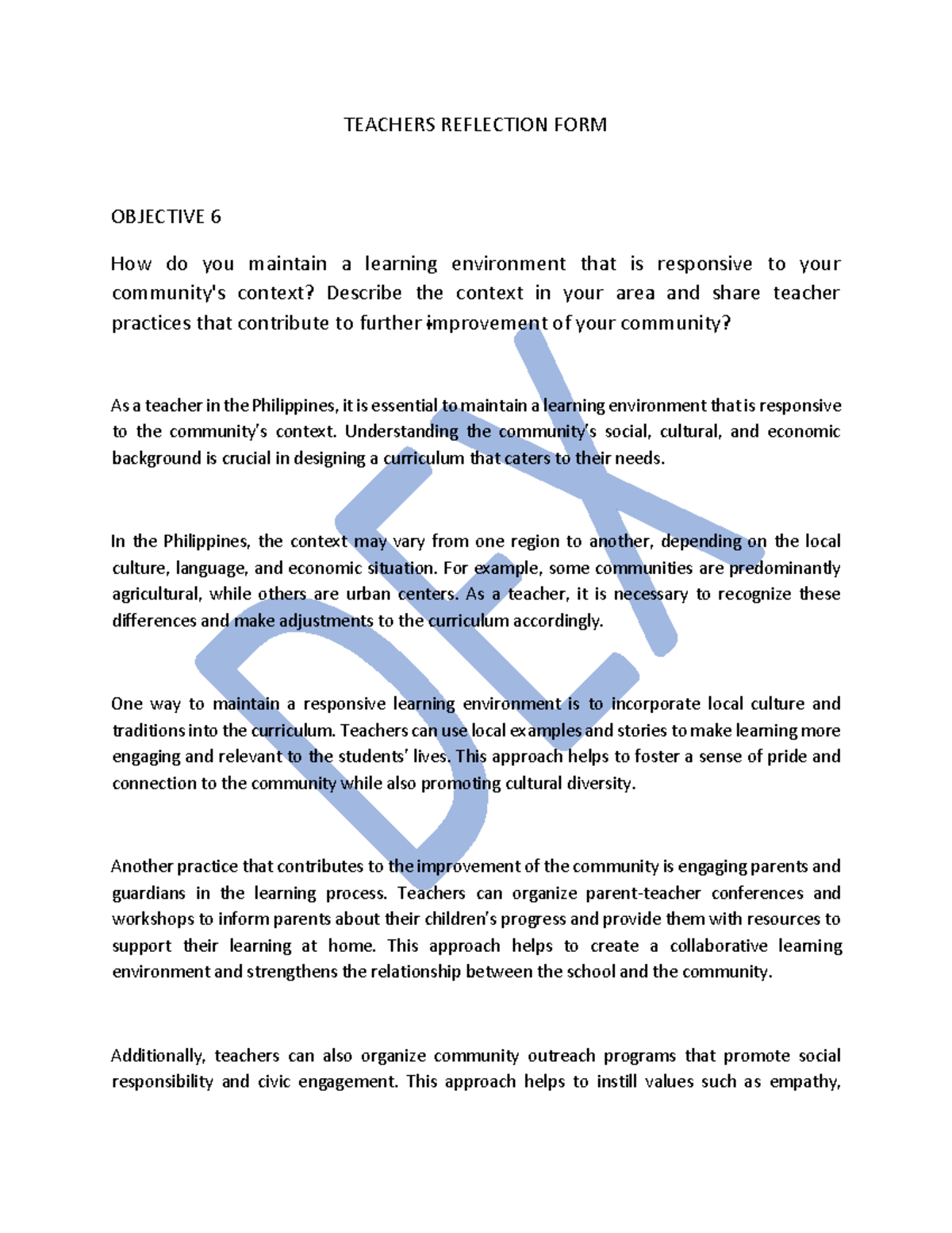 TRF- Third - TEACHERS REFLECTION FORM OBJECTIVE 6 How do you maintain a ...