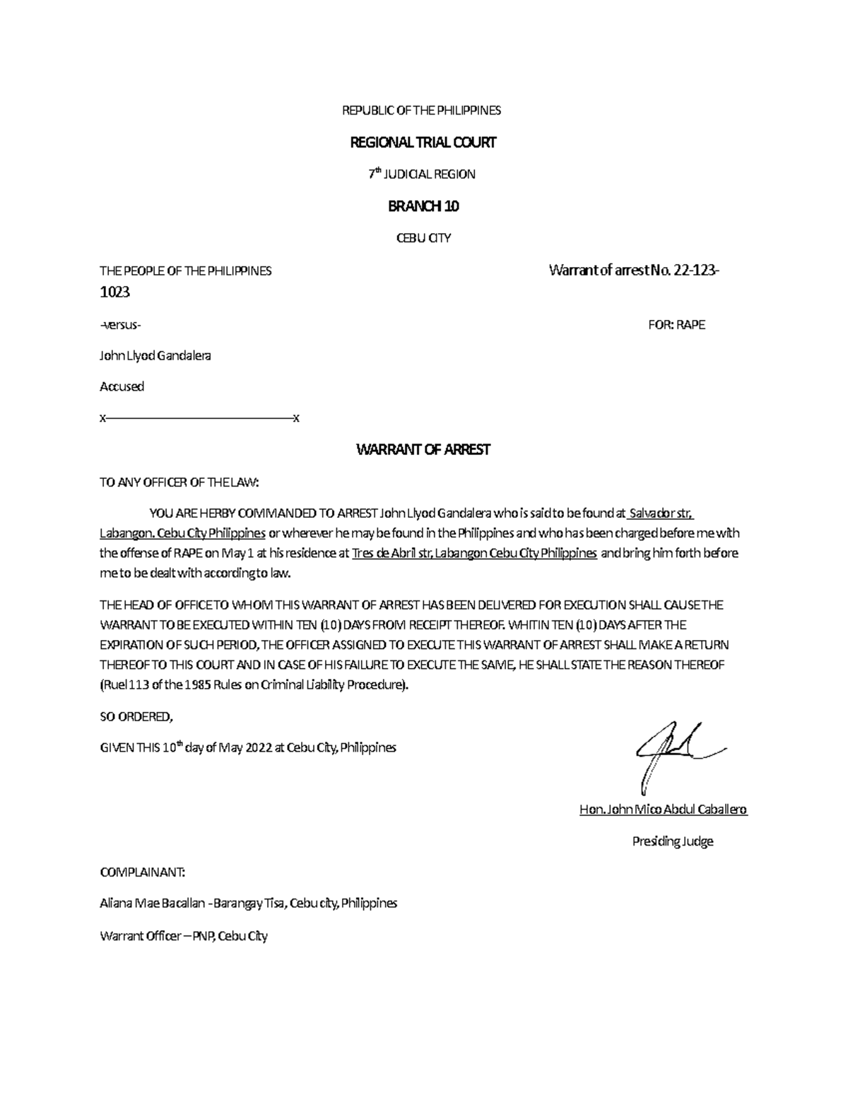 Warrant of Arrest Issued by the judge Mico - REPUBLIC OF THE ...