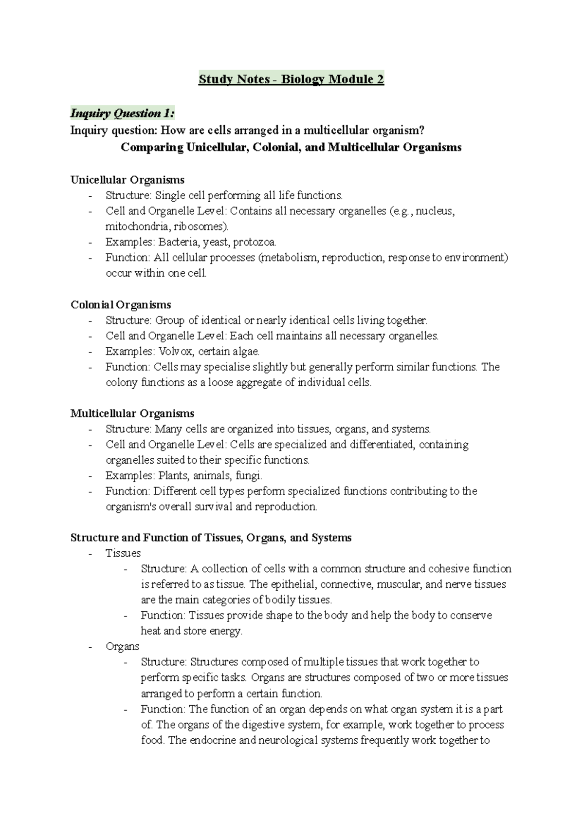 Module 2 Study Notes - Bio - Study Notes - Biology Module 2 Inquiry ...