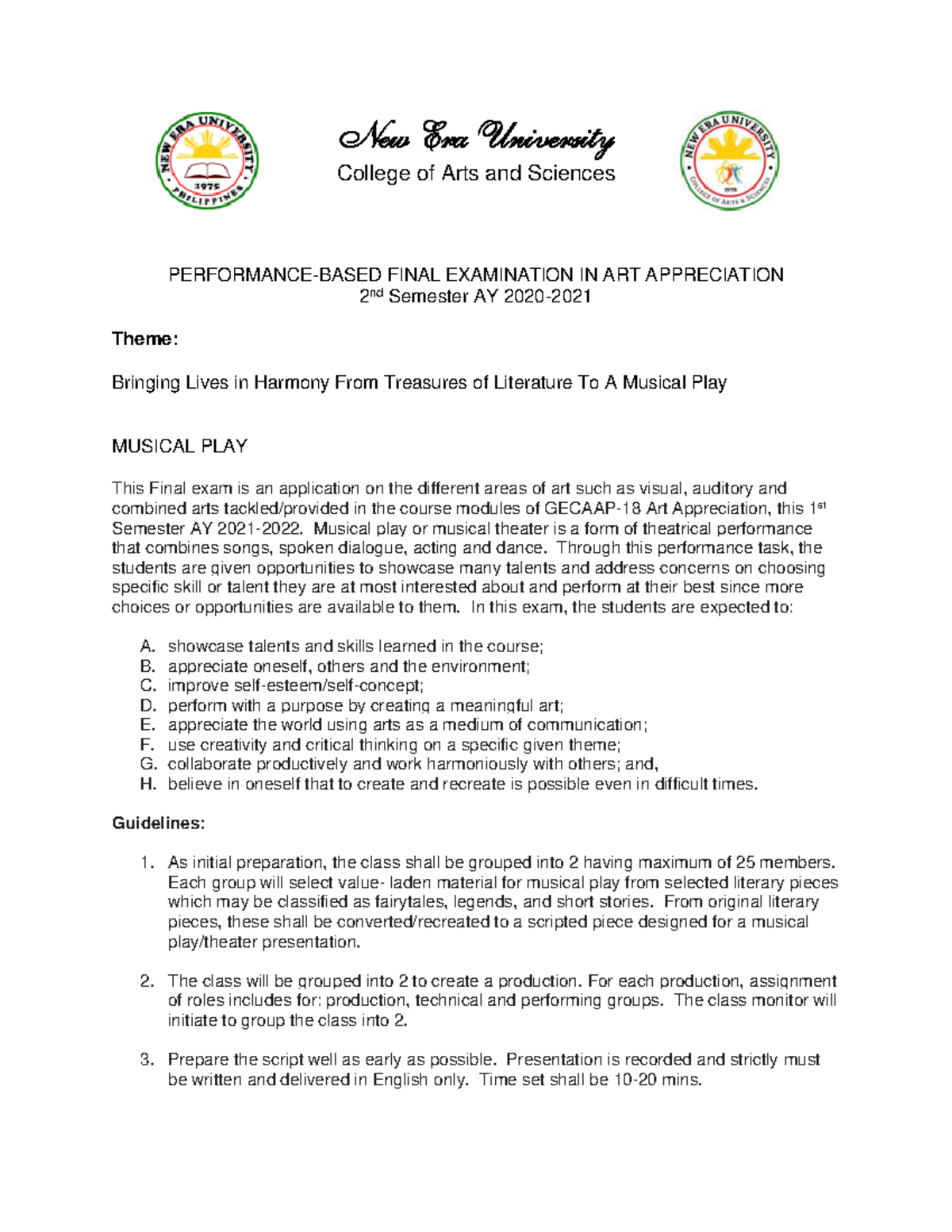 Art application final exam 1st sem 2019-2020 - New Era University ...