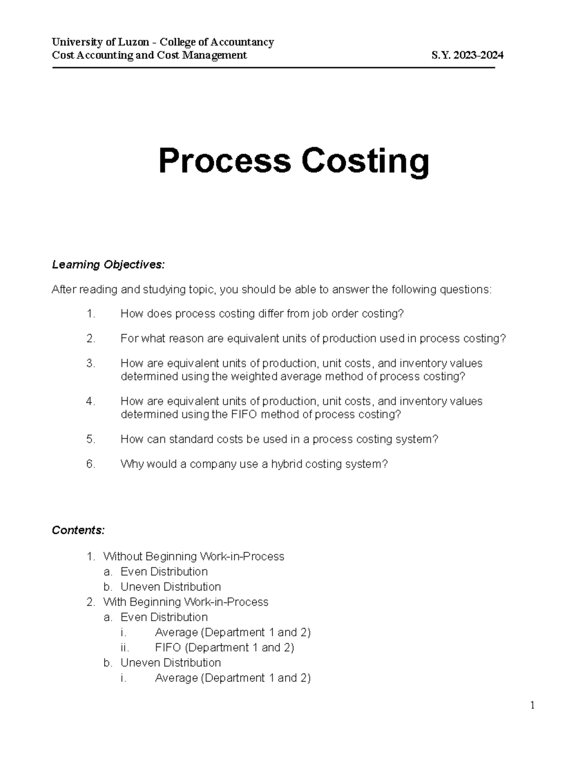 12324 ACC206 Process Costing Handouts - Cost Accounting and Cost Management S. 2023- Process ...