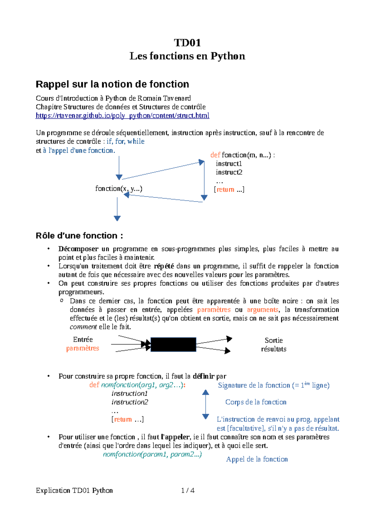 TD01 Explications Fonctions - TD Les fonctions en Python Rappel sur la notion de fonction Cours ...