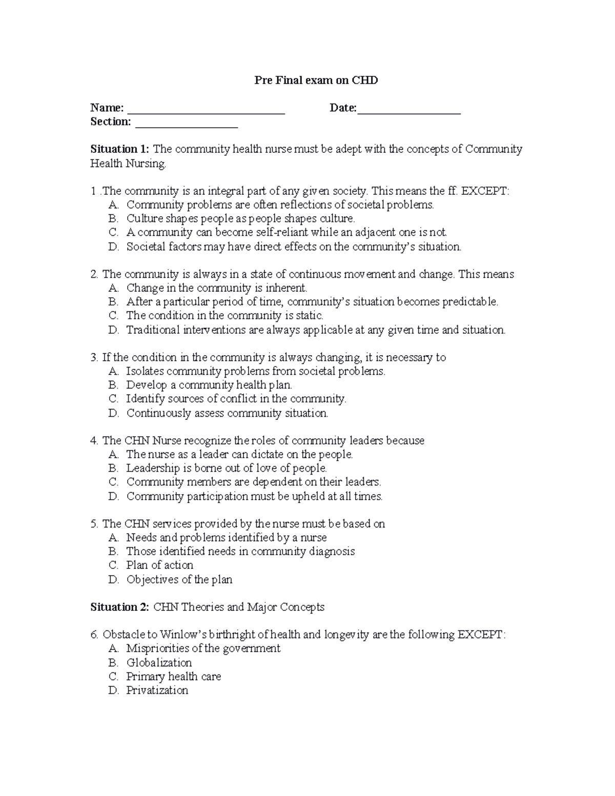 Chn and Copar Exam Complete - Pre Final exam on CHD Name ...