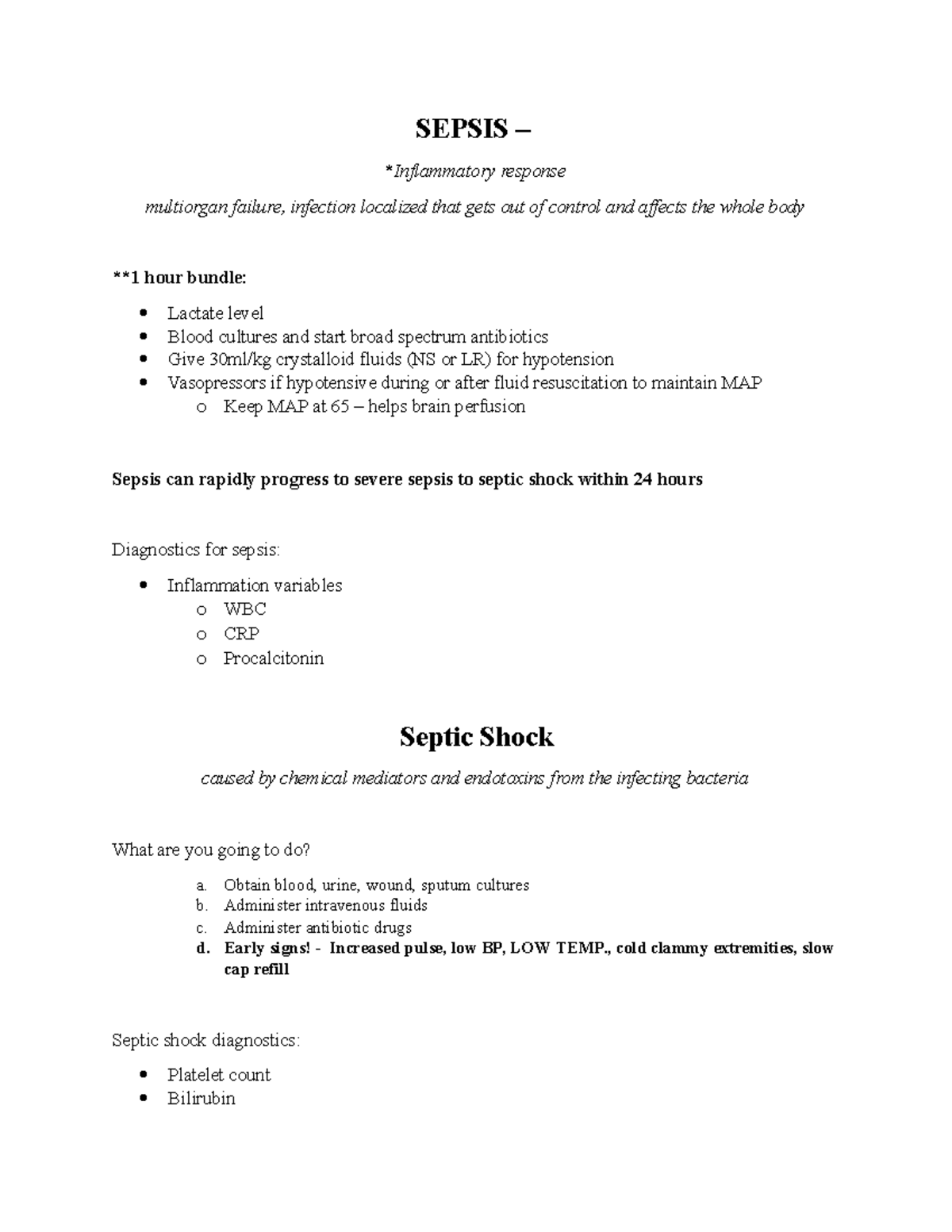 Final EXAM review sheet - SEPSIS – ***** Inflammatory response ...