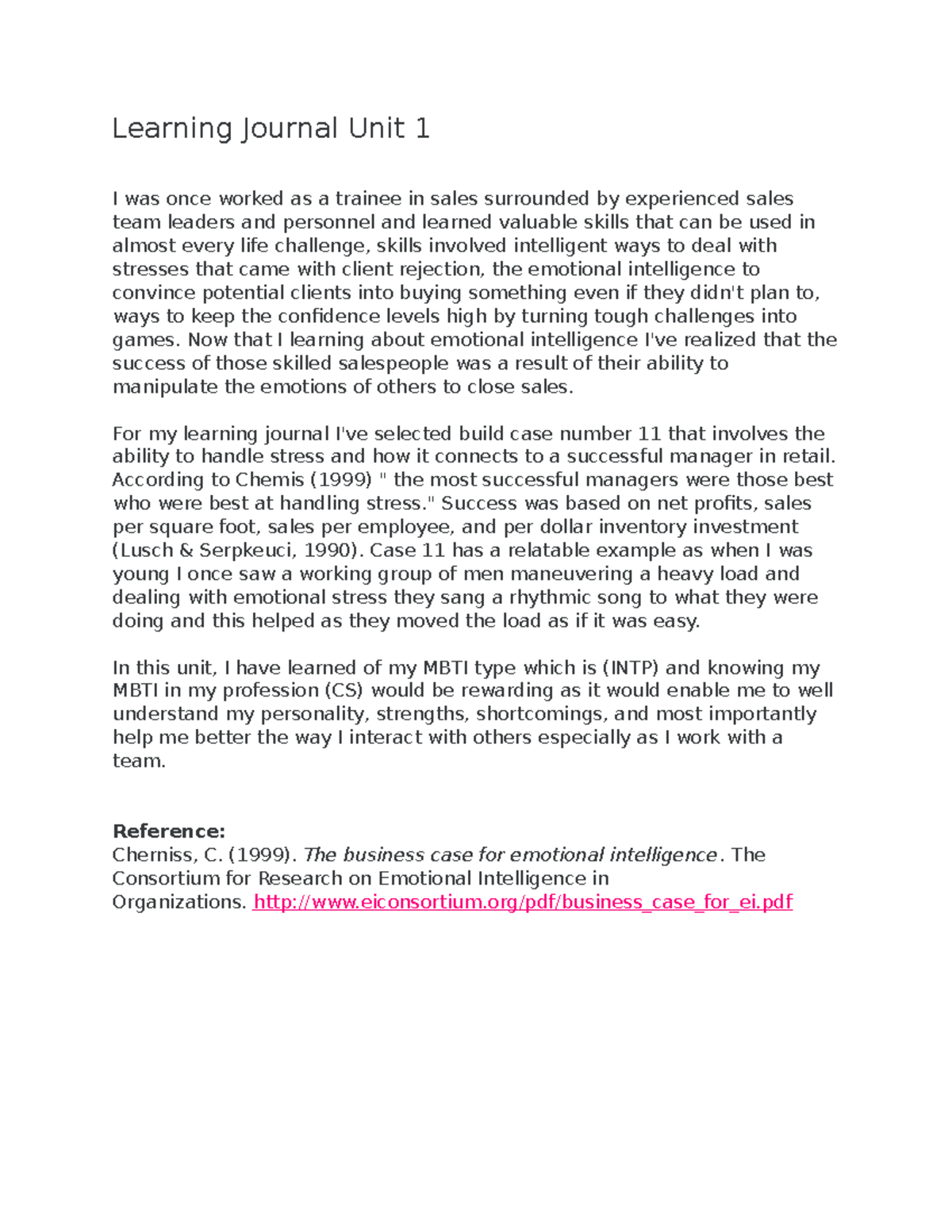 Emotional intelligence Learning journal 1 - Learning Journal Unit 1 I ...