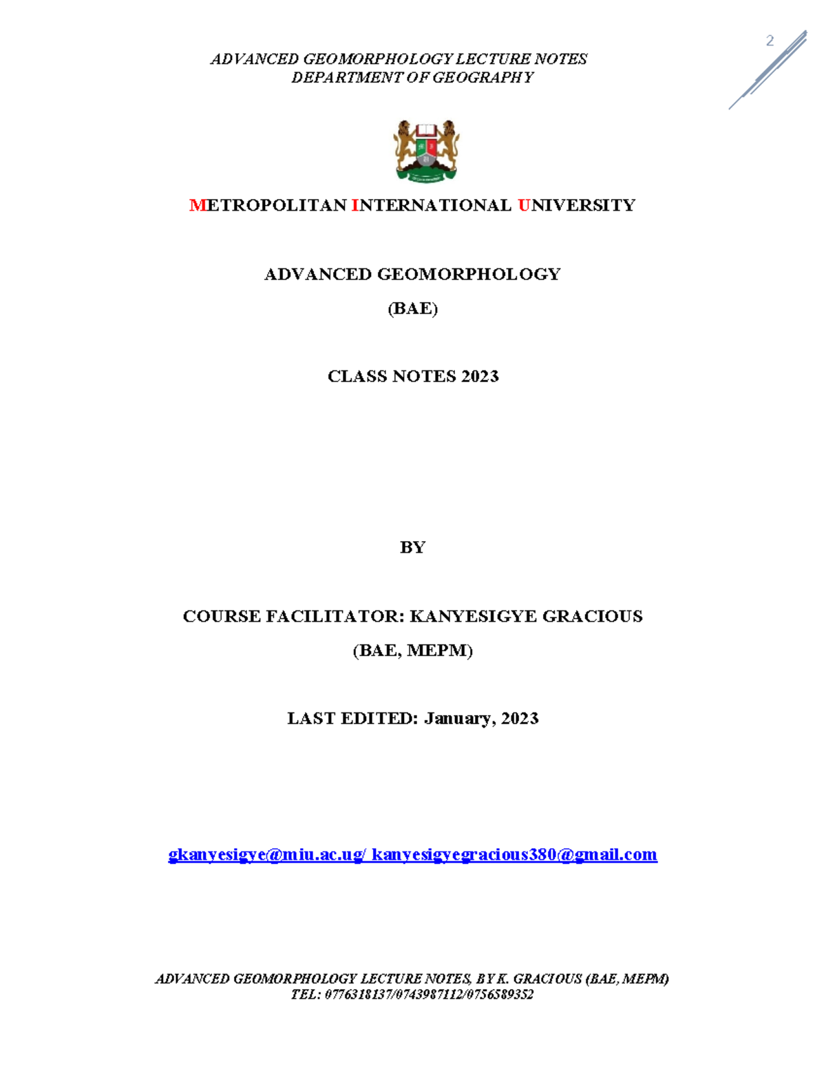 Adavanced Geomorphology Notes - ADVANCED GEOMORPHOLOGY LECTURE NOTES ...