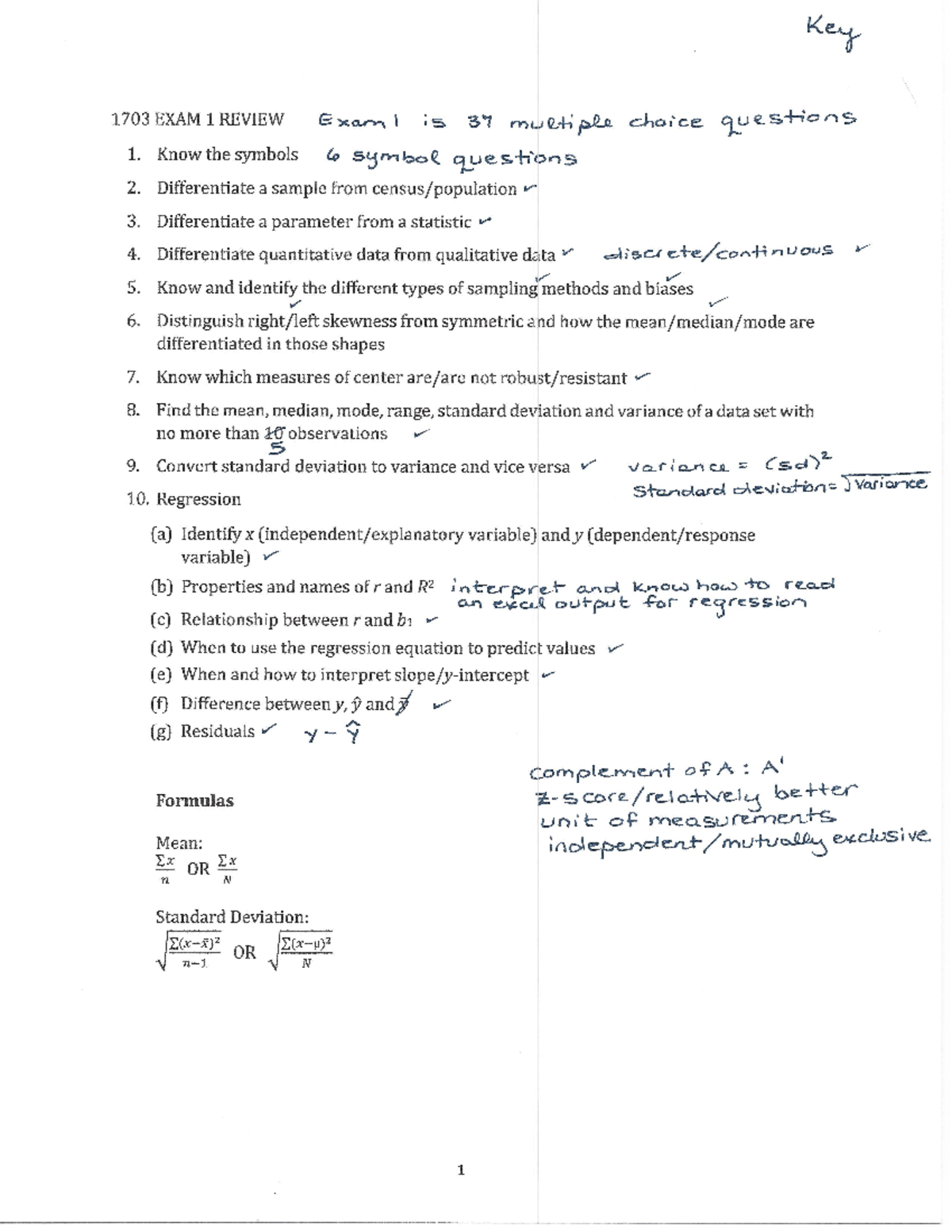 1703-Exam 1 Review Key Stover - Key 1703 EXAM 1 REVIEW Exam 1 is 37 ...