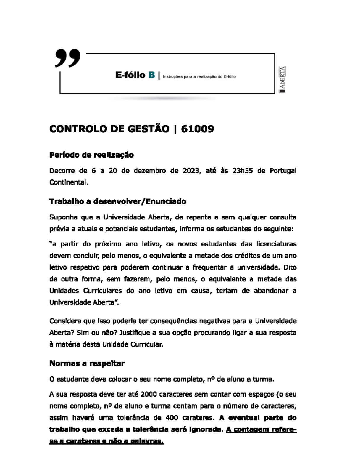 E-folio B - E-folio B Controlo Gestão - Studocu