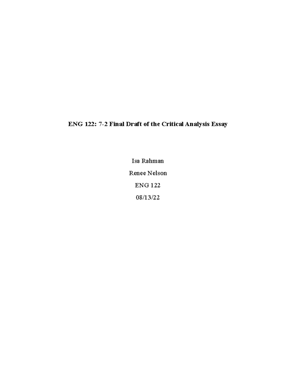 ENG 122 PRO 1 - project 1 - ENG 122: 7-2 Final Draft of the Critical ...