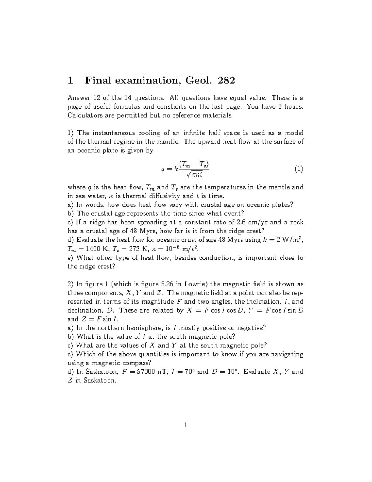 Exam 2013, questions - 1 Final examination, Geol. 282 Answer 12 of the ...