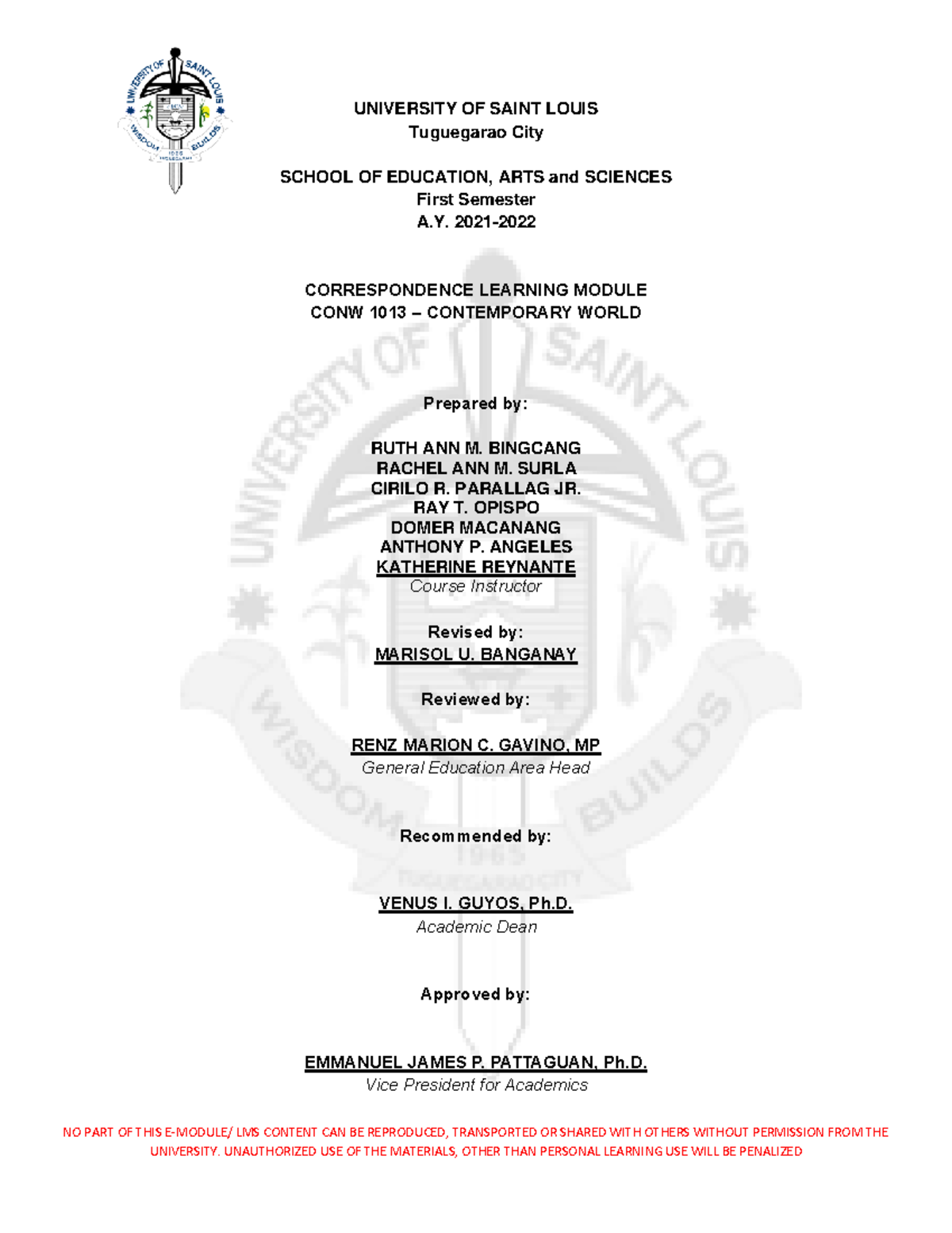 CONW Module 8 - none - NO PART OF THIS E-MODULE/ LMS CONTENT CAN BE REPRODUCED, TRANSPORTED OR ...