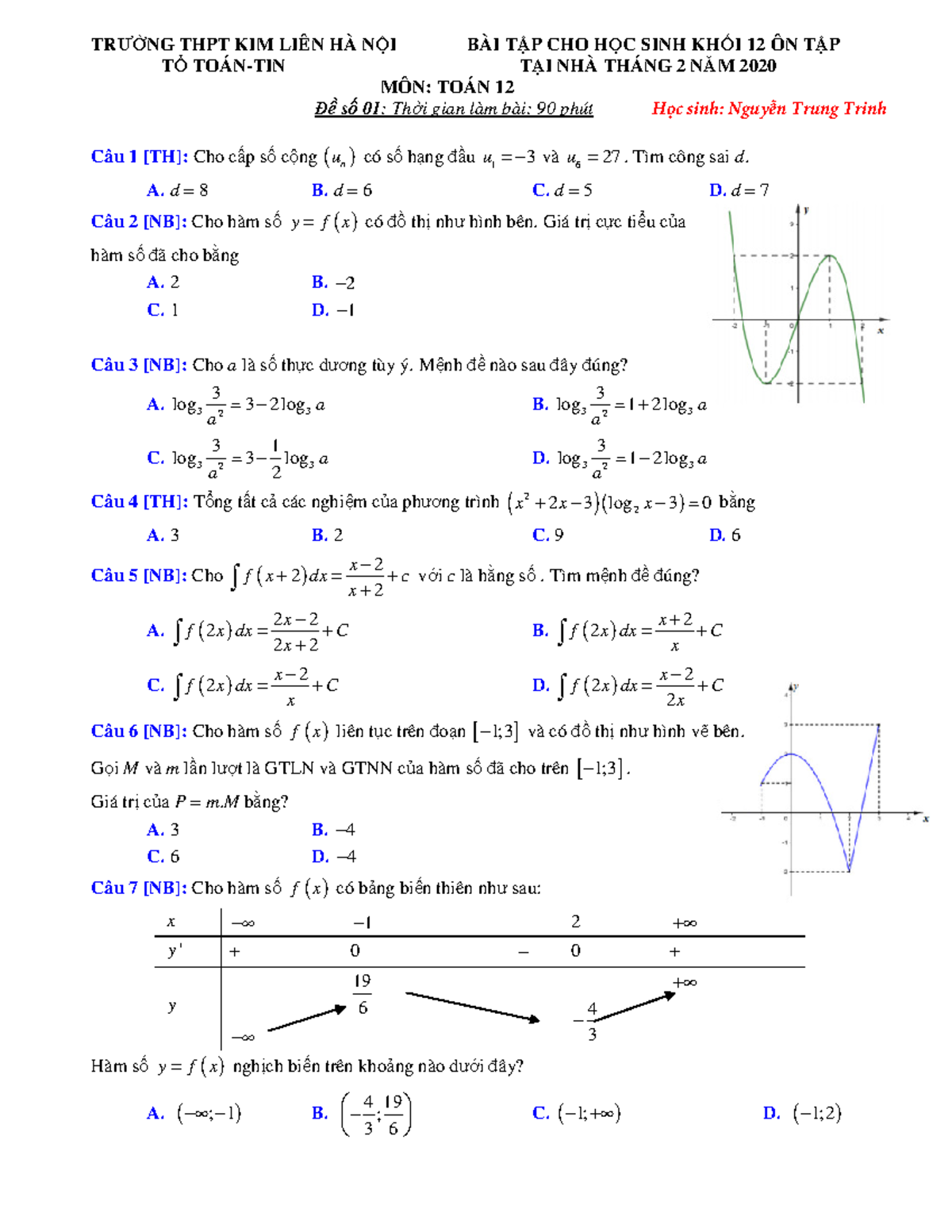 [ Trungtrinh] 4 de ôn tâp lop 12- T2-2020 - TR NG THPT KIM LIÊN HÀ N I BÀI T P CHO H C SINH ...