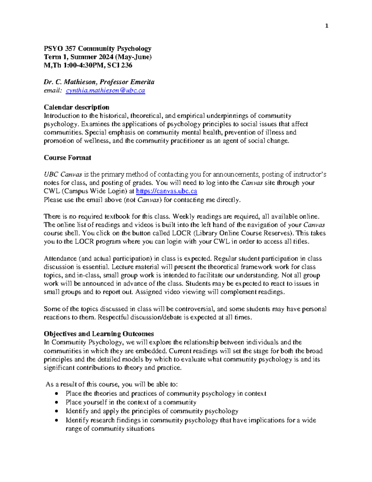 SS1 2024 PSYO 357 Syllabus - PSYO 357 Community Psychology Term 1 ...