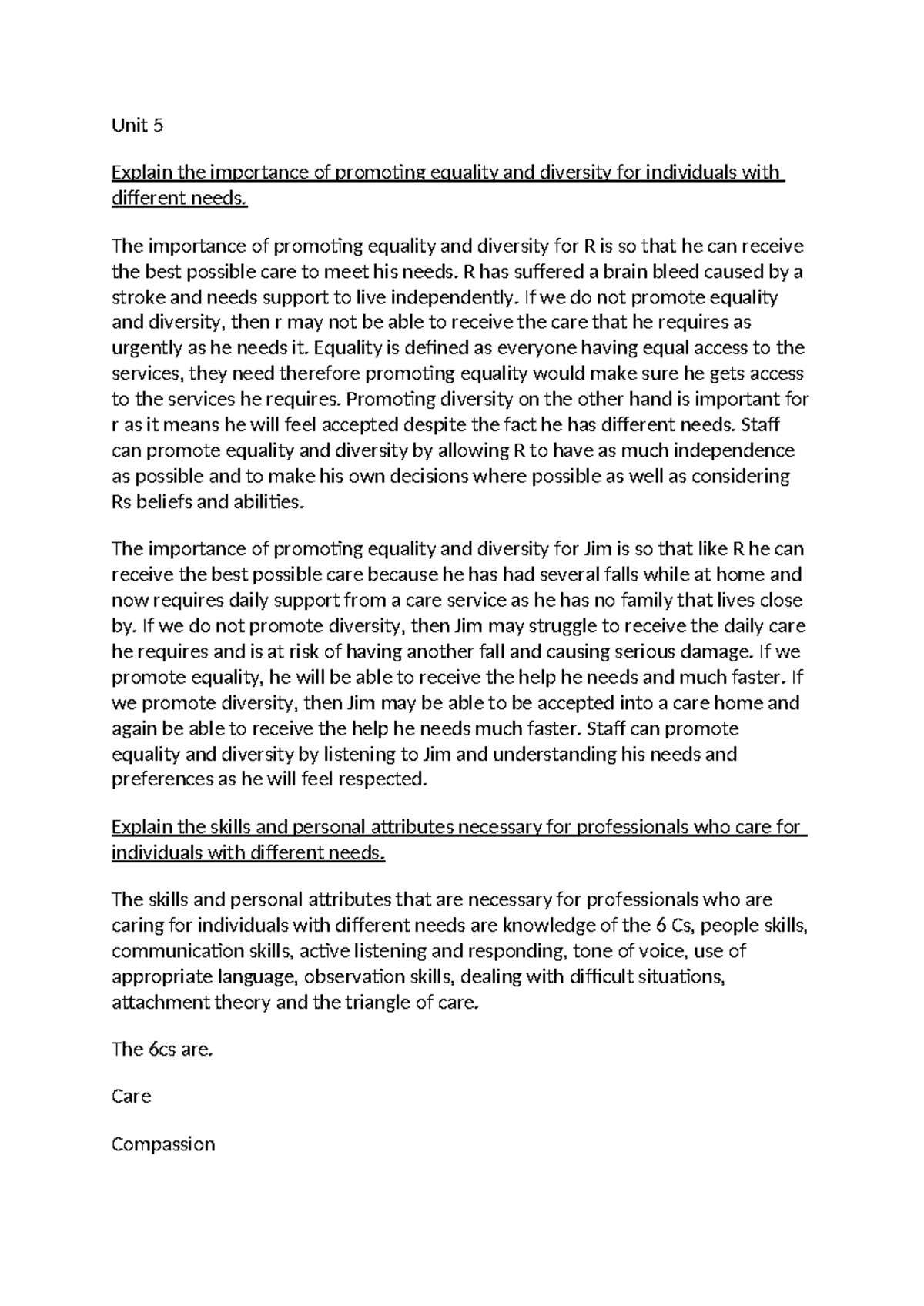 Unit 5- Task 1 and Task 2 - Unit 5 Explain the importance of promoting equality and diversity ...