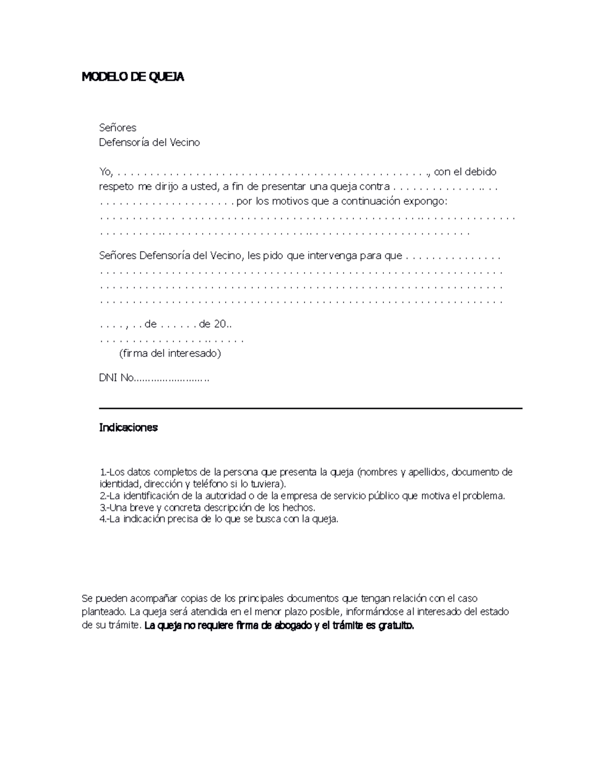 Modelo DE Recurso DE Queja Vecinal - MODELO DE QUEJA Señores Defensoría ...