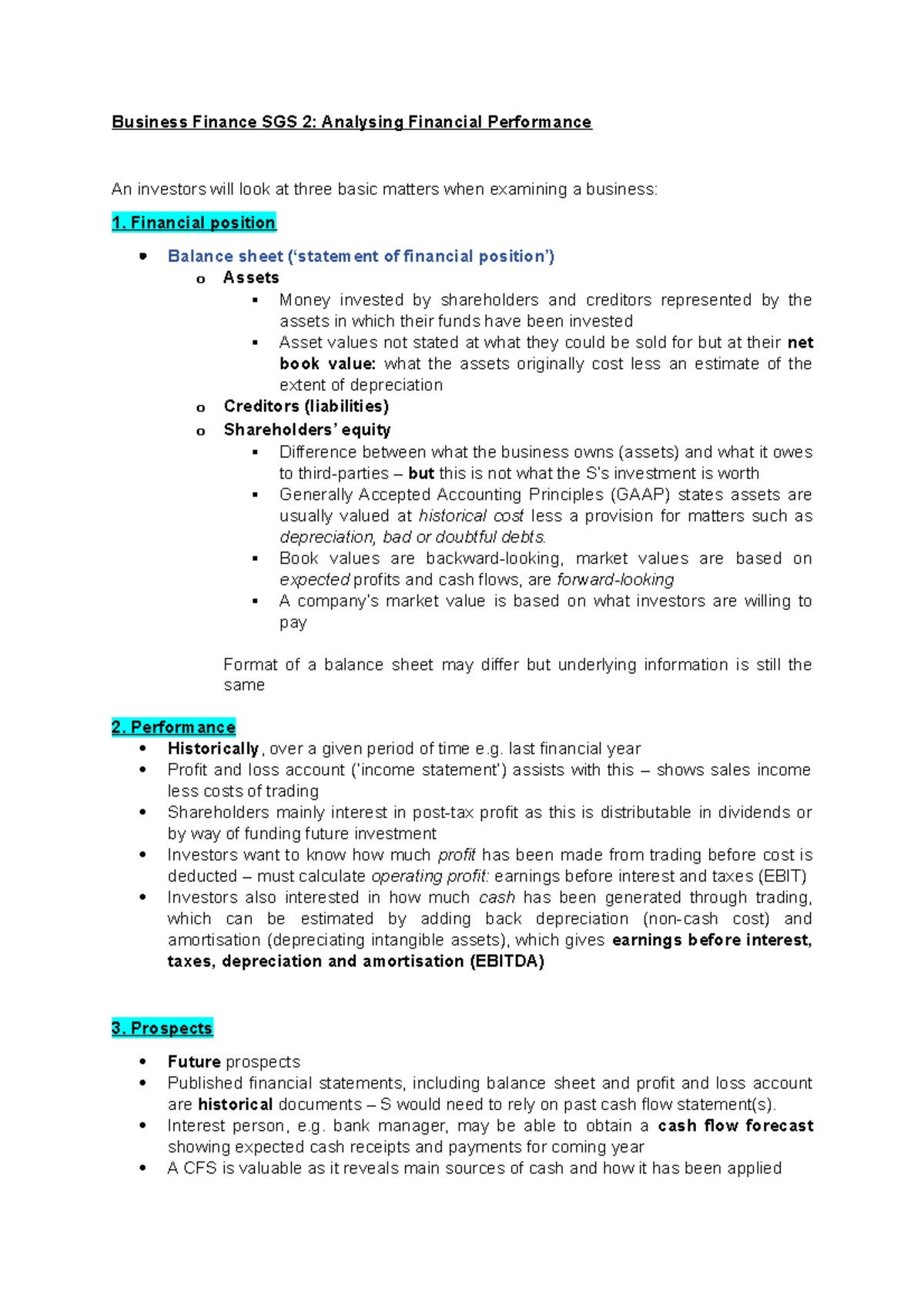 Business Finance SGS 2 - Financial position Balance sheet (‘statement ...