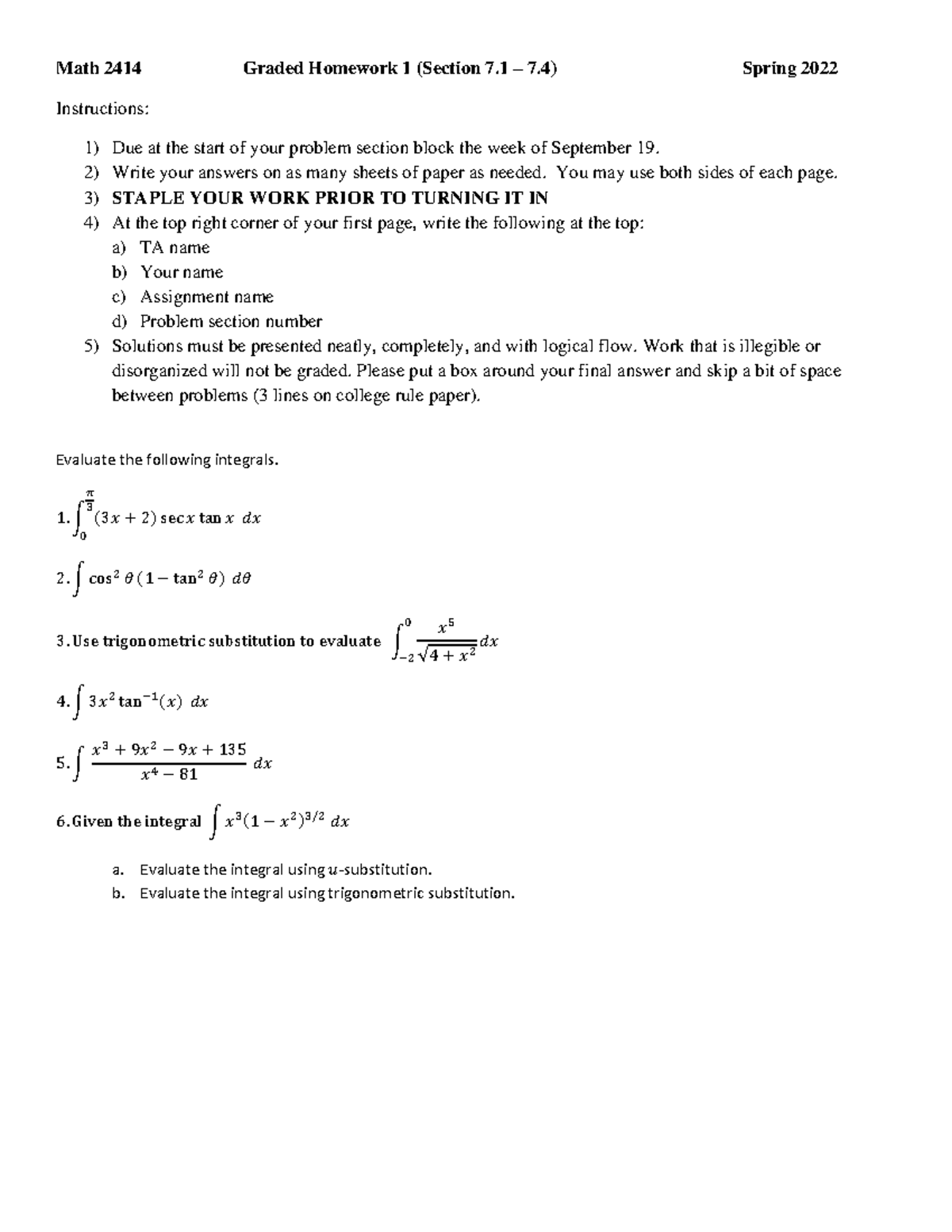 2414 GHW 1 F22 v2 - GHW 22 - Math 2414 Graded Homework 1 (Section 7 – 7 ...