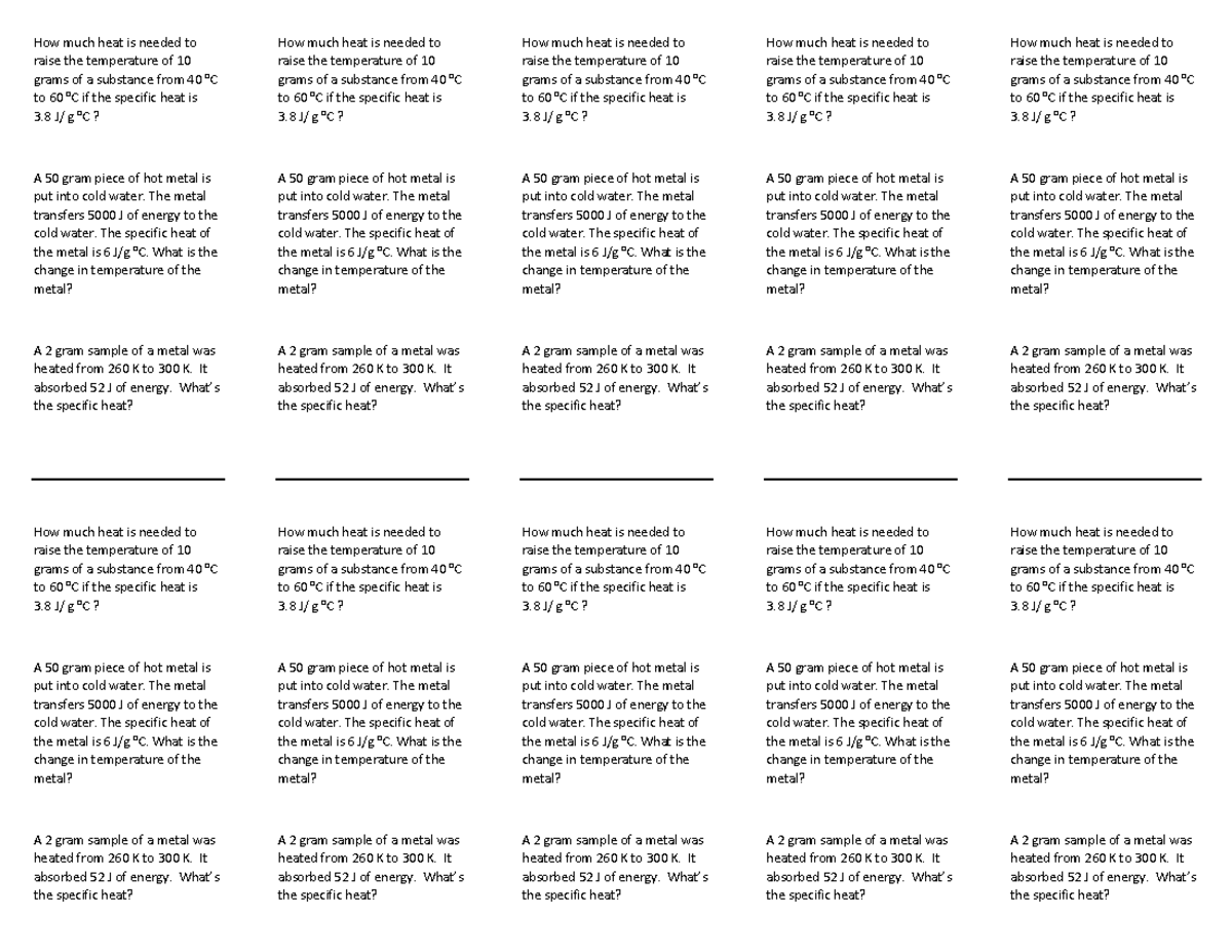 Specific Heat Notes Practice Problem Sheet - How much heat is needed to ...