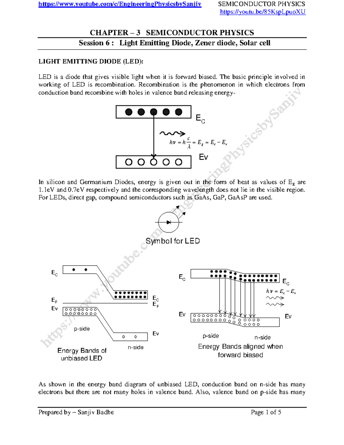Semiconductor Physics Session 6 Zener diode, Light Emitting Diode - youtu/85KspLpuoXU CHAPTER ...
