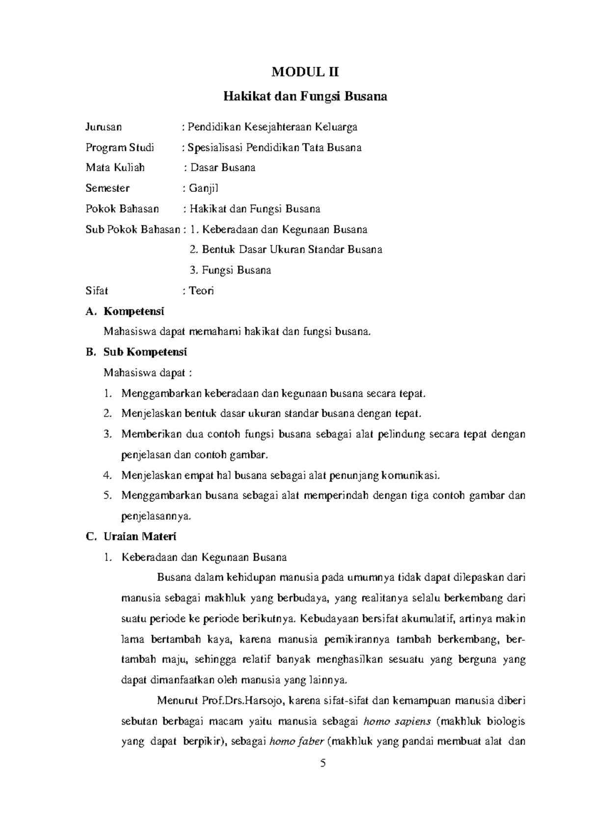 Materi Dasar Busana Modul 6 - MODUL II Hakikat dan Fungsi Busana Jurusan : Pendidikan ...