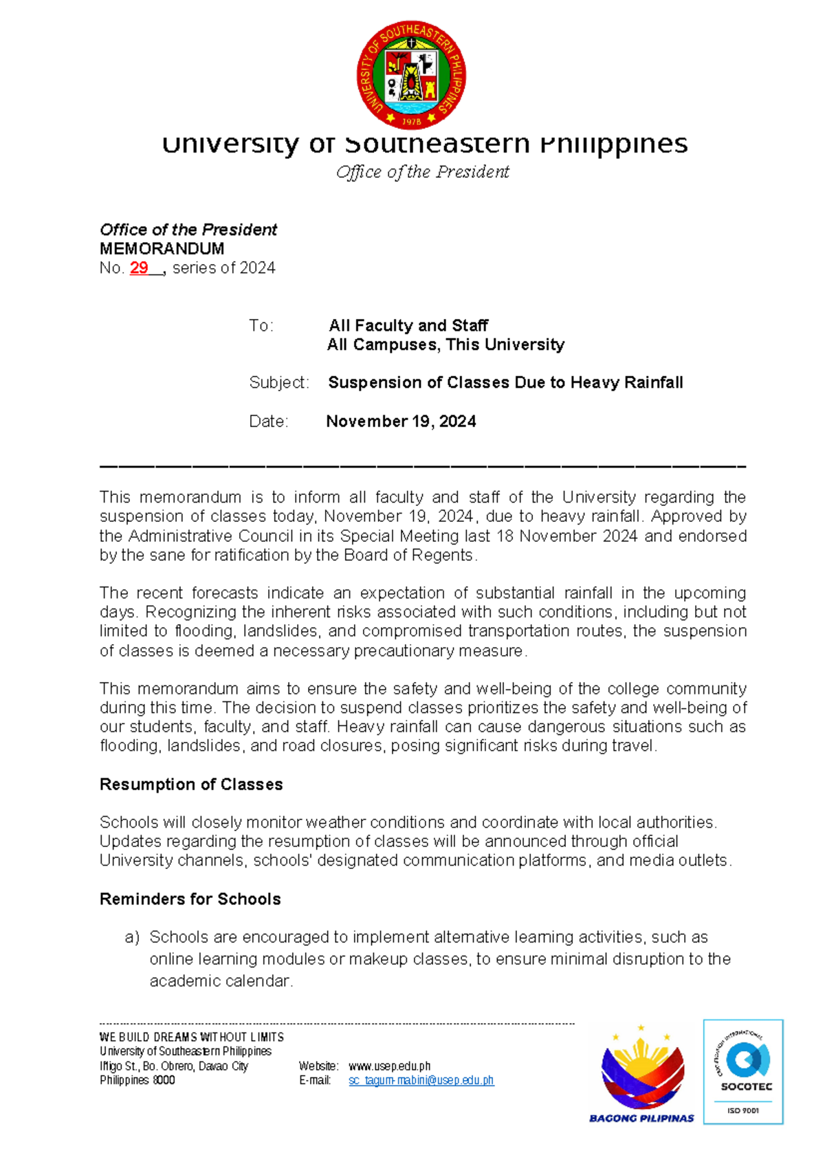 MEMO - Memorandum - University of Southeastern Philippines Office of ...