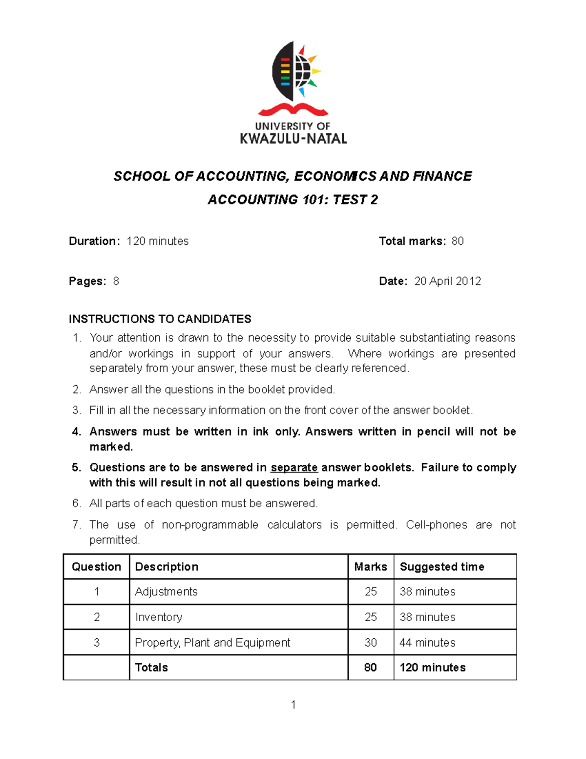 ACCT101 TEST 2 - 2012 - TEST 101 - SCHOOL OF ACCOUNTING, ECONOMICS AND ...