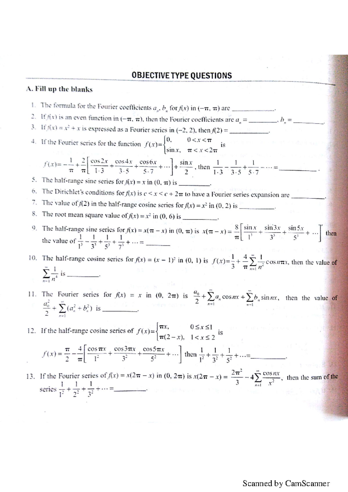 Fourier series MCQ - Engineering Mathematics - Scanned by CamScanner Scanned by CamScanner - Studocu