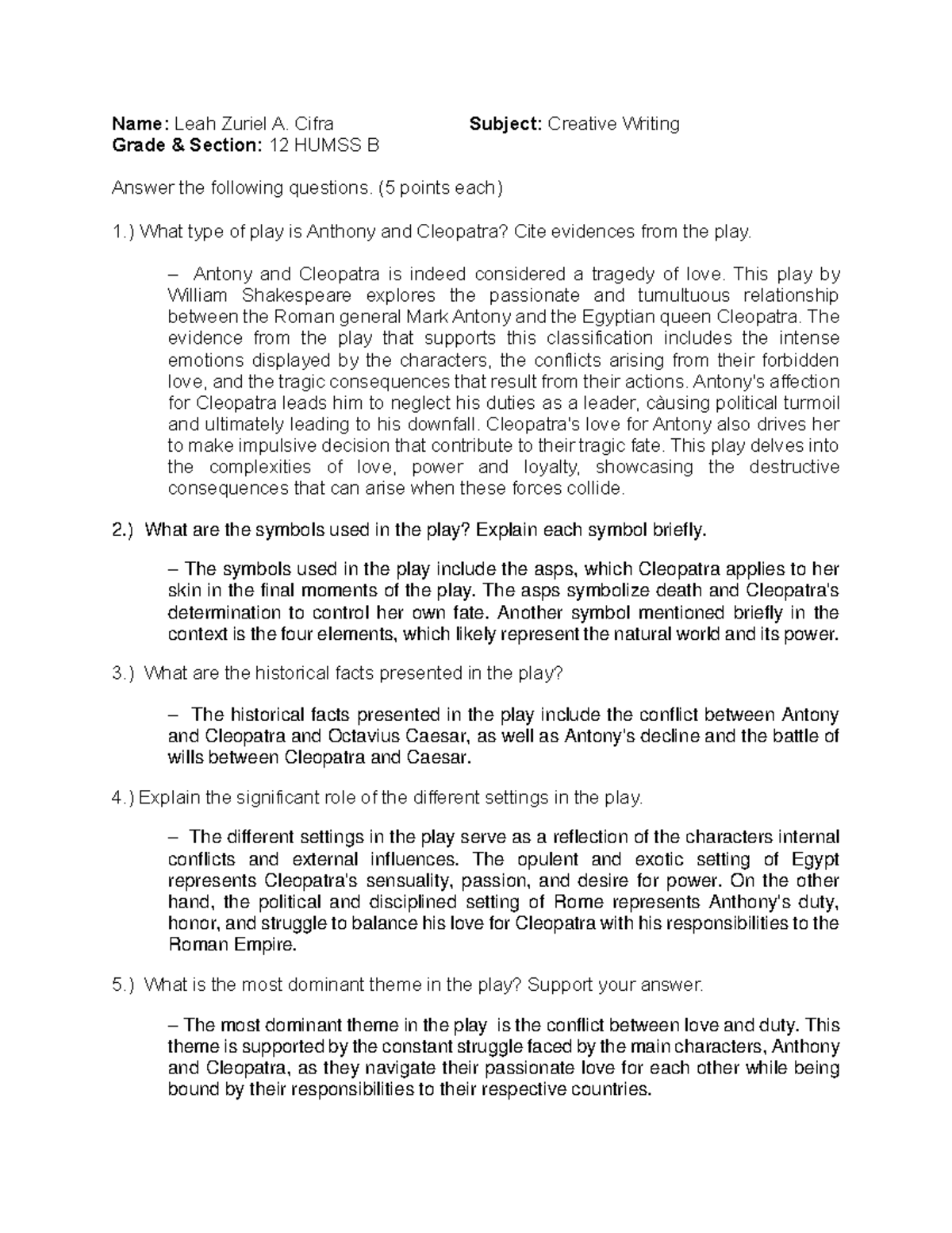 Anthony and Cleopatra - Name: Leah Zuriel A. Cifra Subject: Creative ...