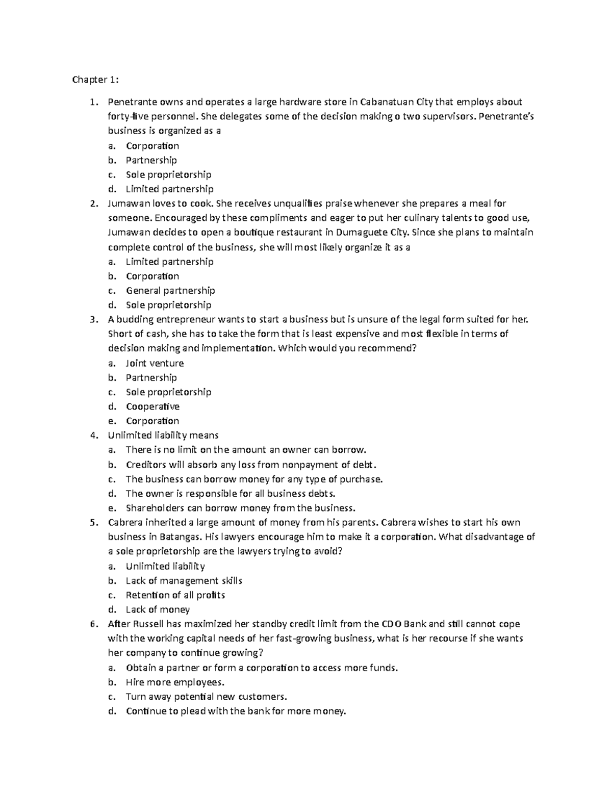 Chapter 1 mc - Chapter 1: Penetrante owns and operates a large hardware ...