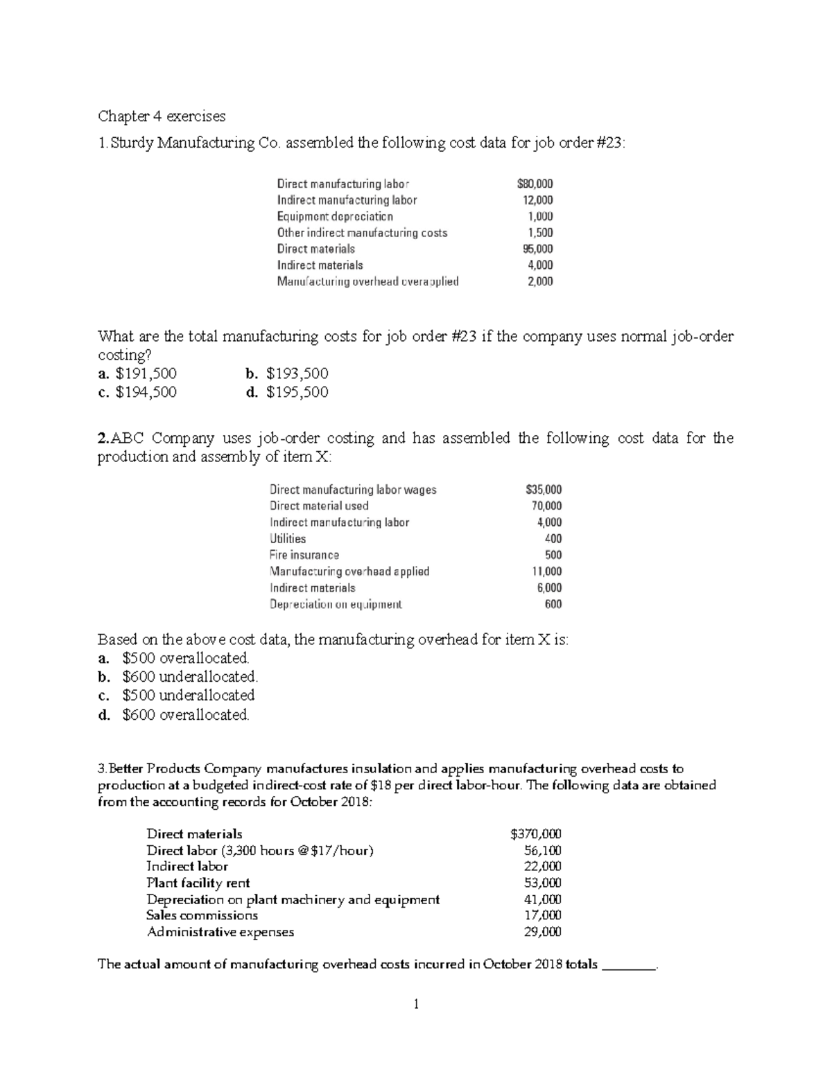 Chapter 4 Exercises Job Costing Cost Accounting A Managerial Emphasis