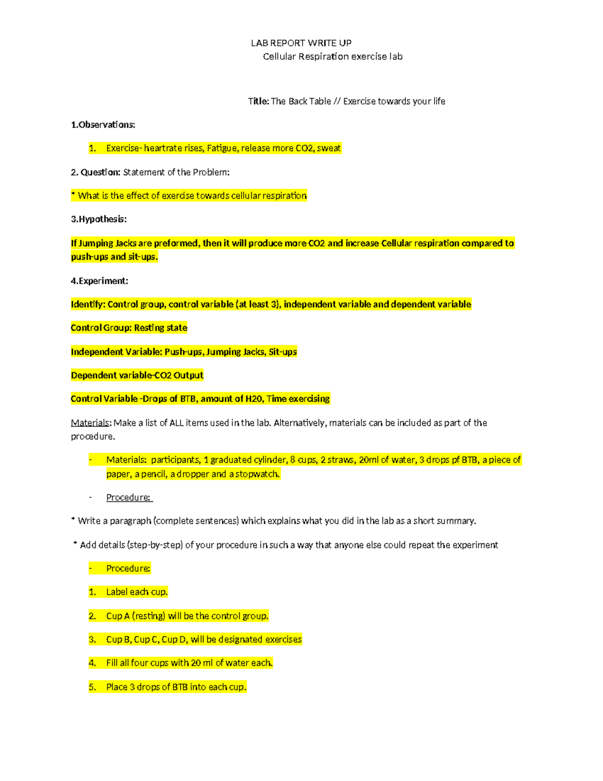 Cellular Respiration Lab - LAB REPORT WRITE UP Cellular Respiration ...