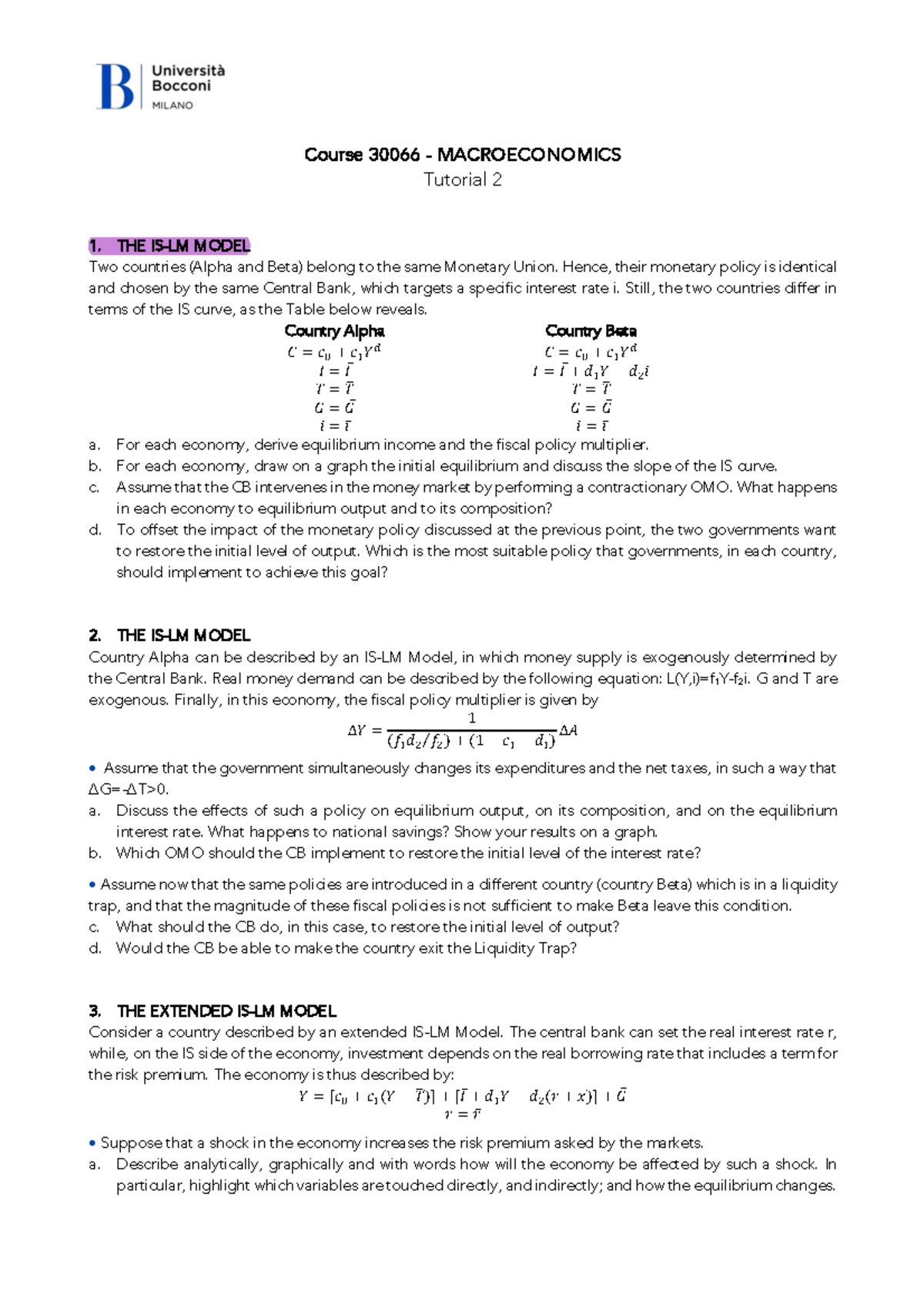 Tutorial 2 - ta 2 - Course 30066 - MACROECONOMICS Tutorial 2 1. THE IS ...