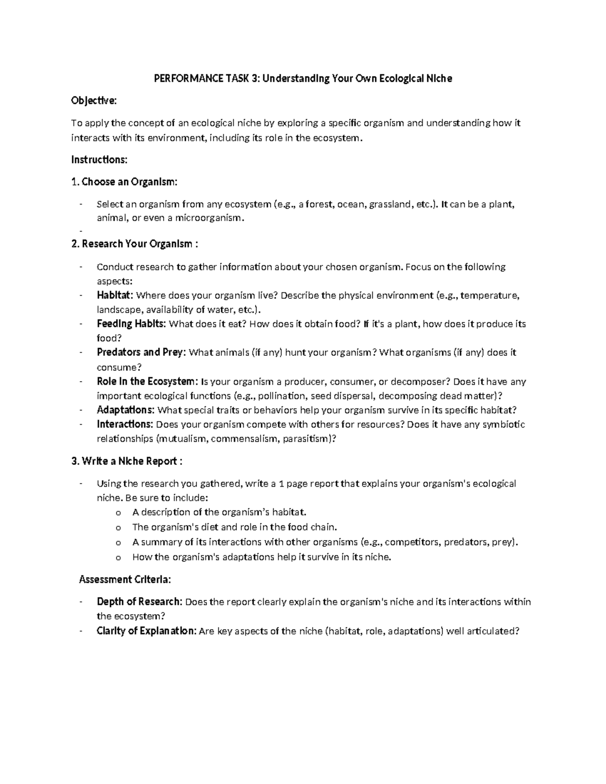 Performance TASK 3 - PERFORMANCE TASK 3: Understanding Your Own Ecological Niche Objective: To ...
