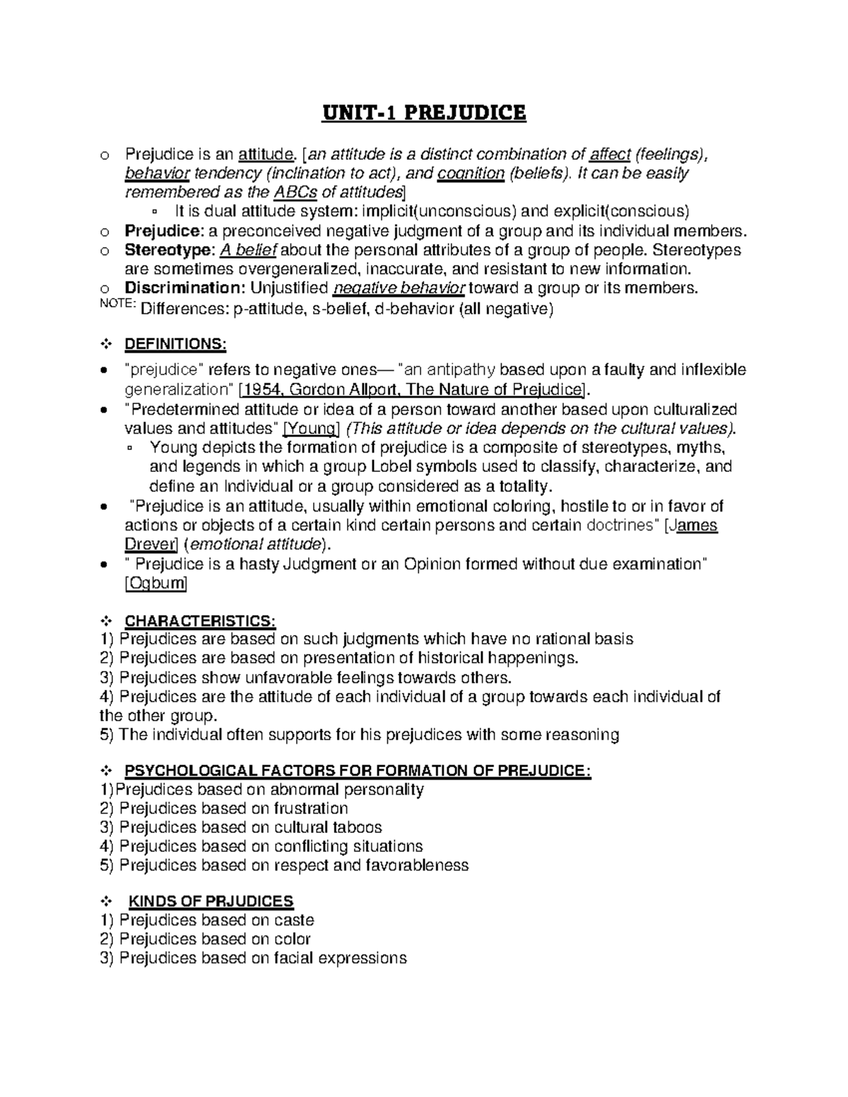 Prejudice meyers chapter 9 social psychology notes - UNIT-1 PREJUDICE o ...