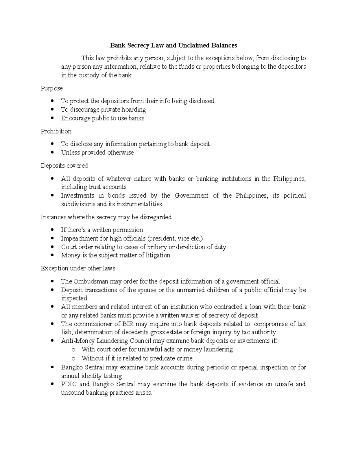 Bank Secrecy Law and AMLA - Bank Secrecy Law and Unclaimed Balances ...