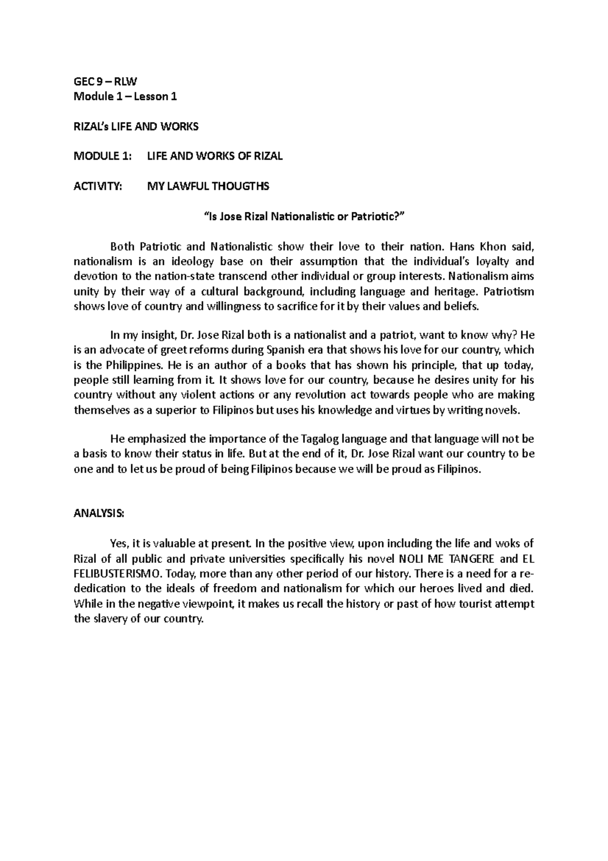 GEC 9 - Activity - GEC 9 – RLW Module 1 – Lesson 1 RIZAL’s LIFE AND WORKS MODULE 1: LIFE AND ...