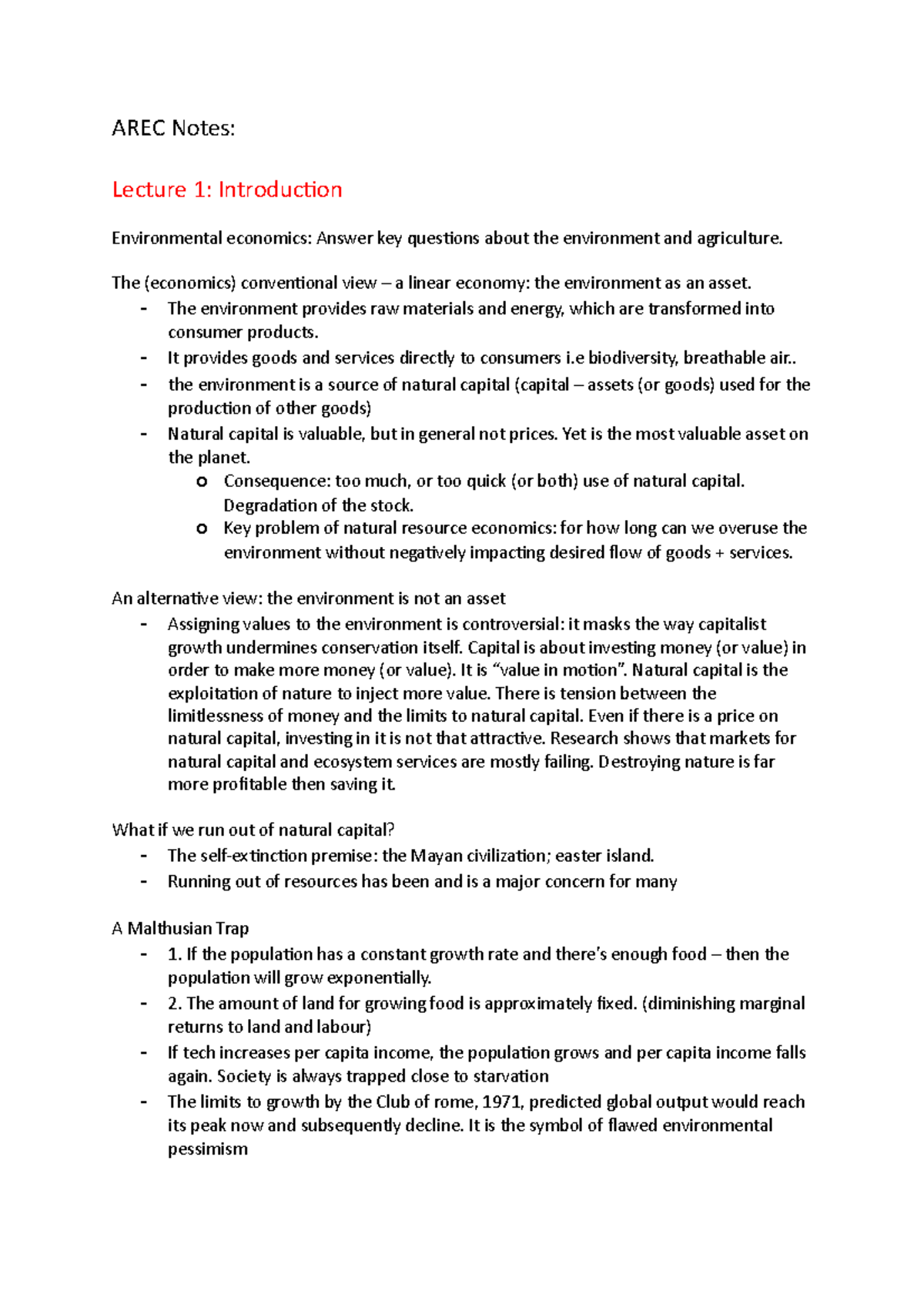 Arec Notes Arec Notes Arec Notes Lecture 1 Introduction