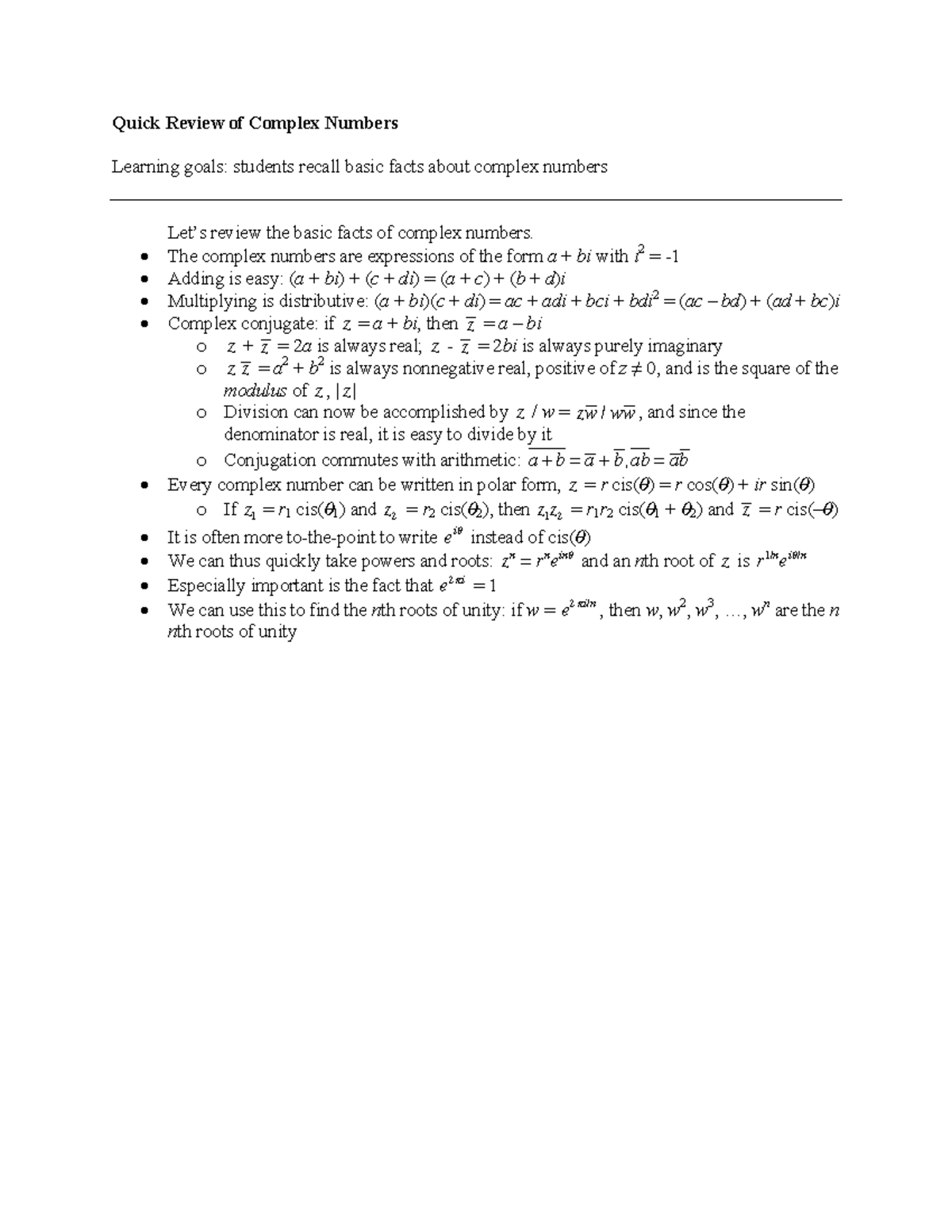 51 Complex Numbers - Quick Review of Complex Numbers Learning goals ...