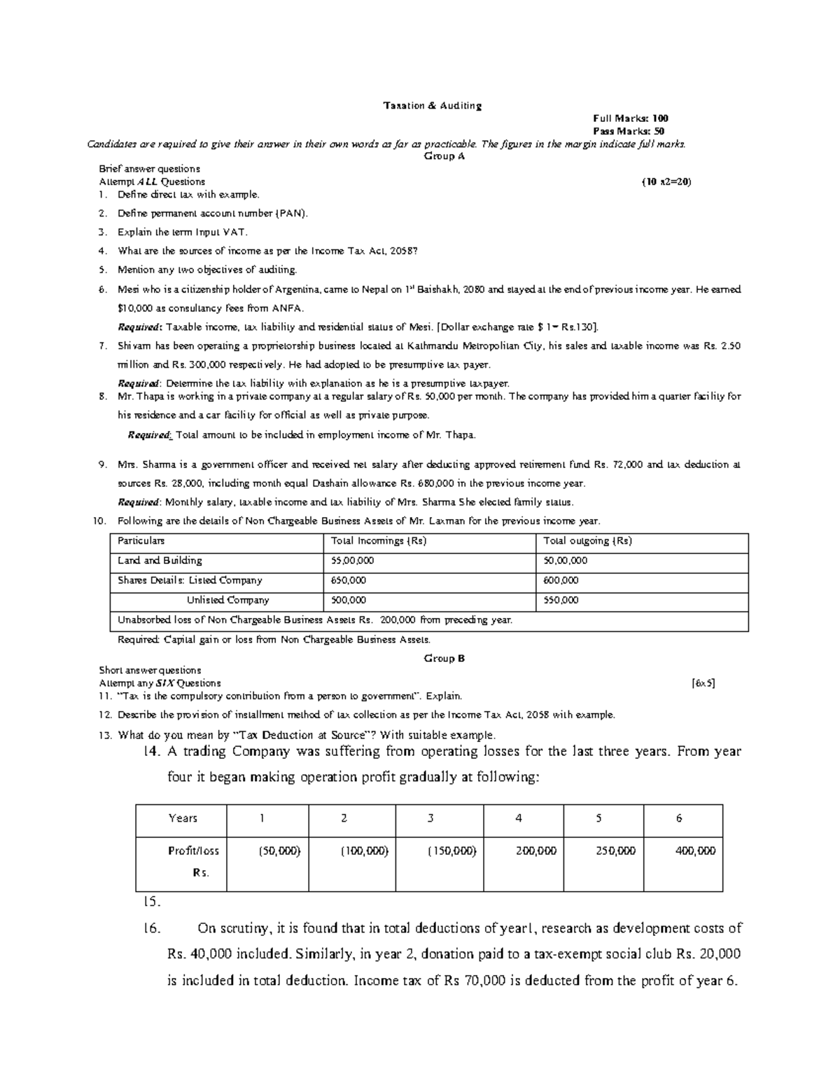 4 Notes For Practise Taxation And Auditing Full Marks 100 Pass Marks