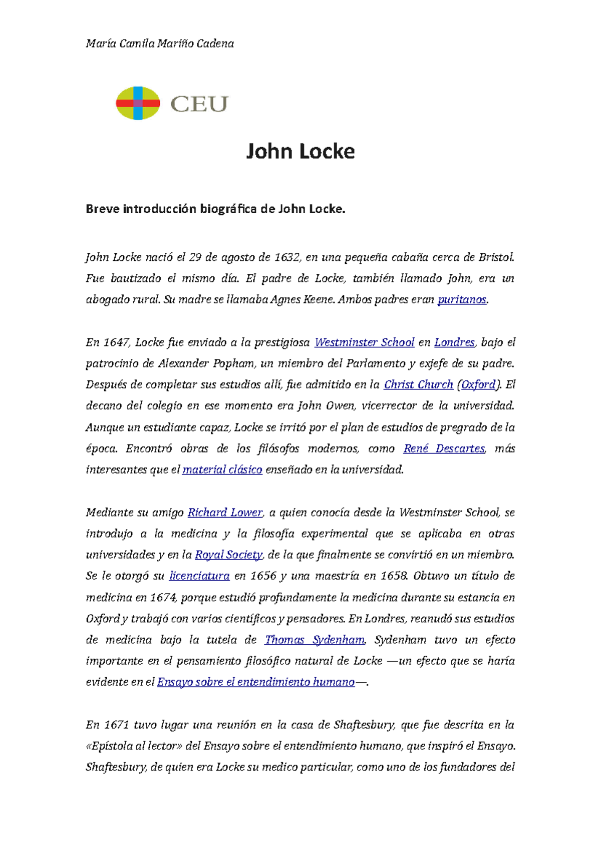 John Locke - John Locke nació el 29 de agosto de 1632, en una pequeña cabaña cerca de Bristol ...